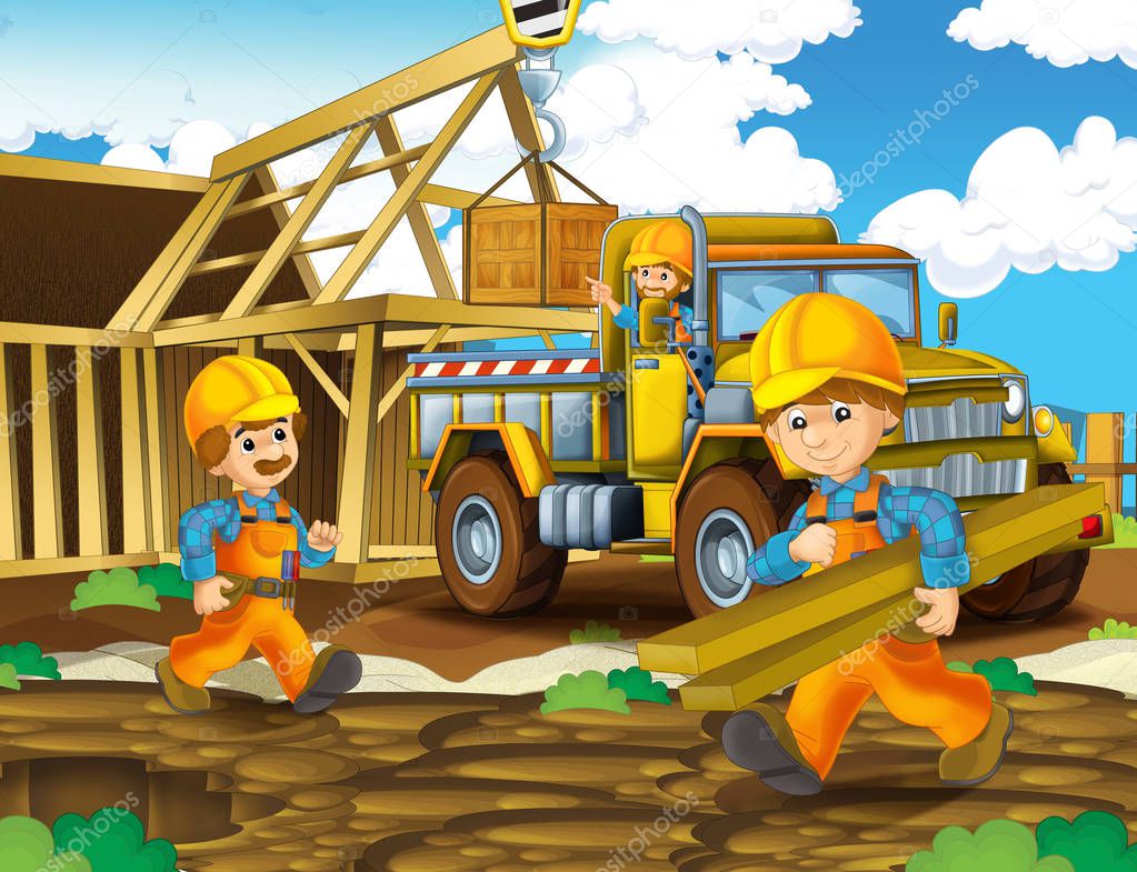 escena de dibujos animados con trabajadores en el sitio de construcción ...