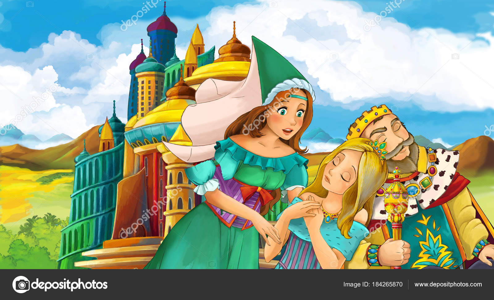 Cartoon Scene Young Beautiful Princess Castle Standing Looking Her ...