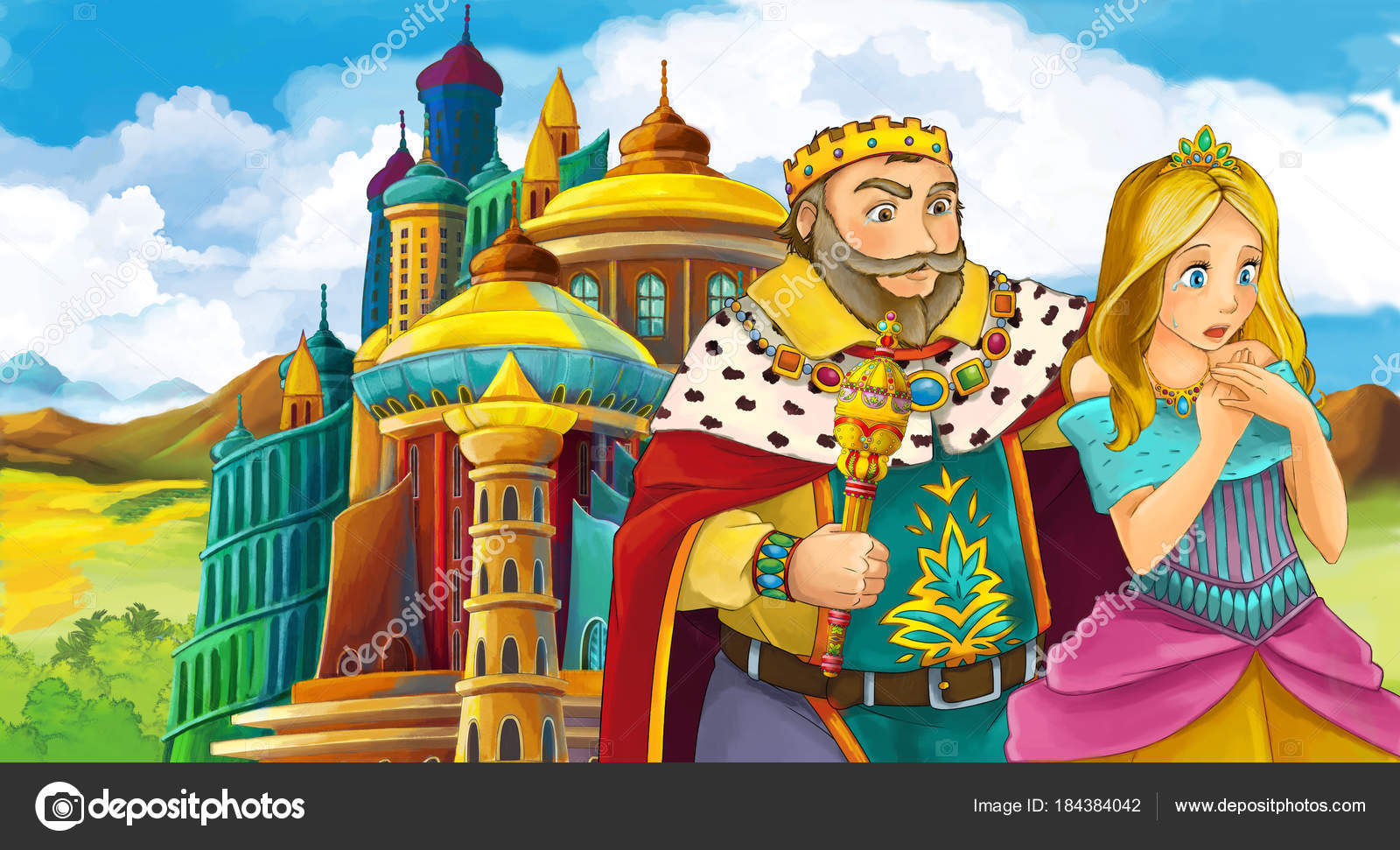 Cartoon Scene Young Beautiful Princess Castle Standing Looking Her ...