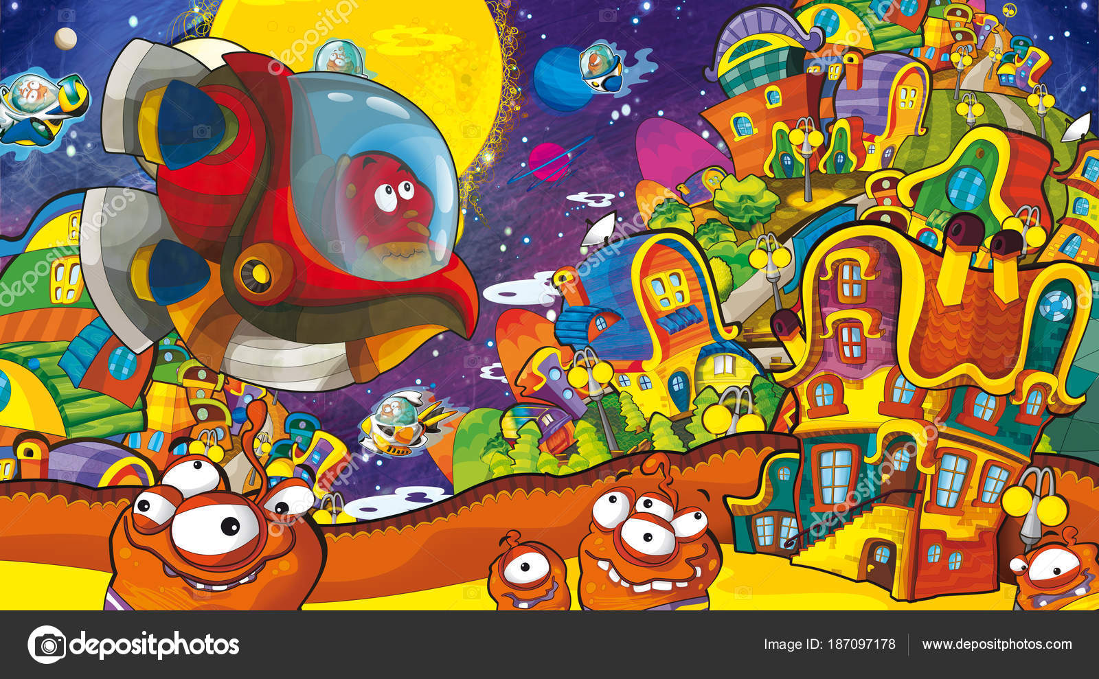 Cartoon Scenes Some Funny Looking Aliens City Flying Ufo Ships Stock ...