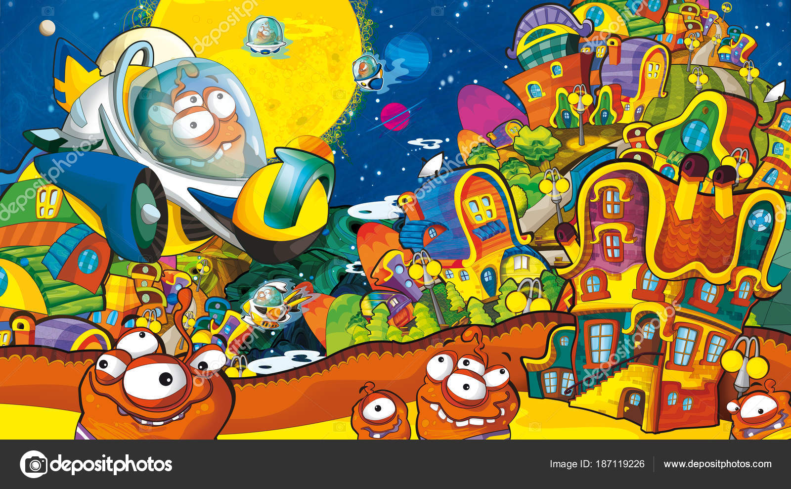 Cartoon Scenes Some Funny Looking Aliens City Flying Ufo Ships Stock ...
