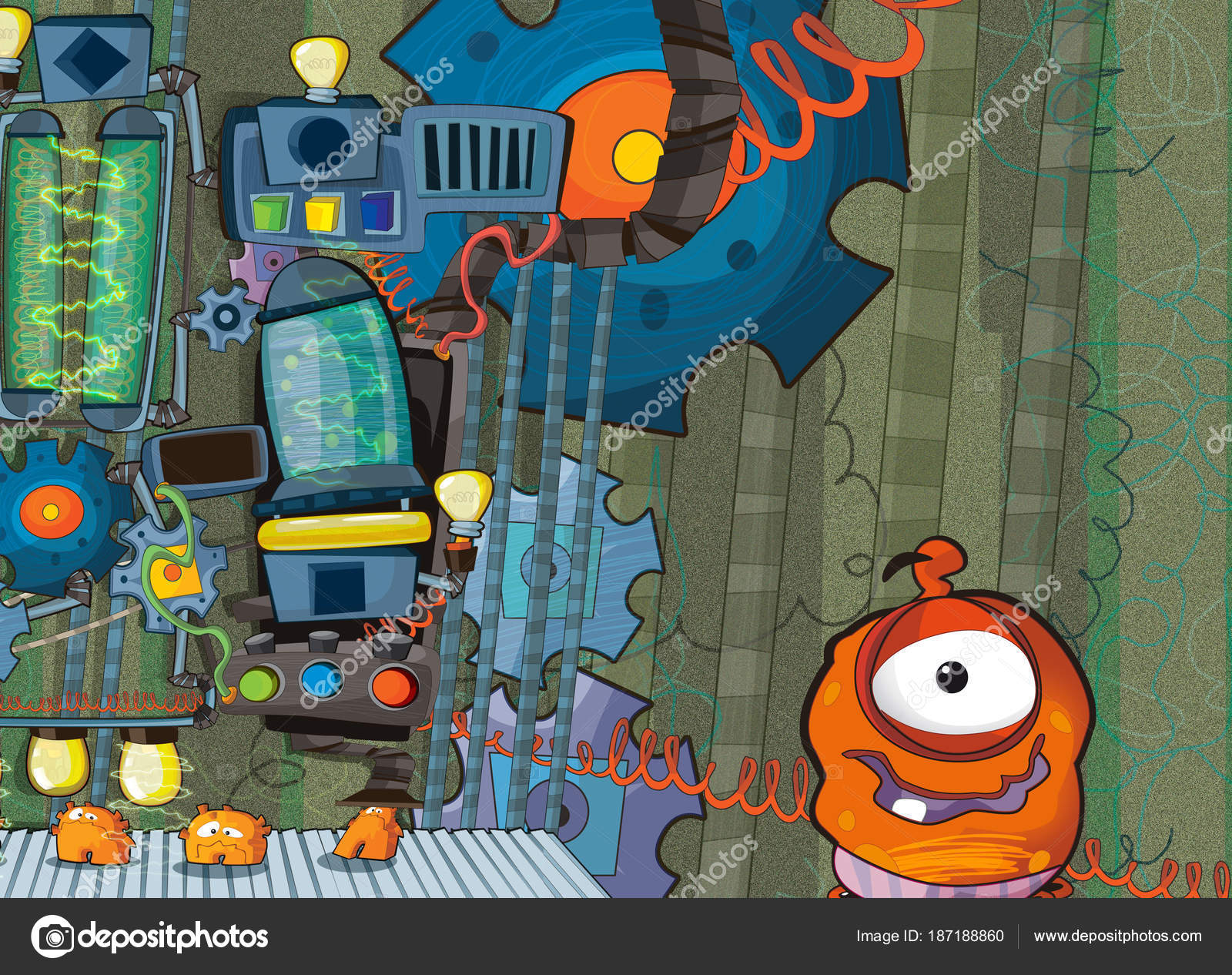 Cartoon Scene Ufo Machine Science Fiction Factory Aliens Creating ...