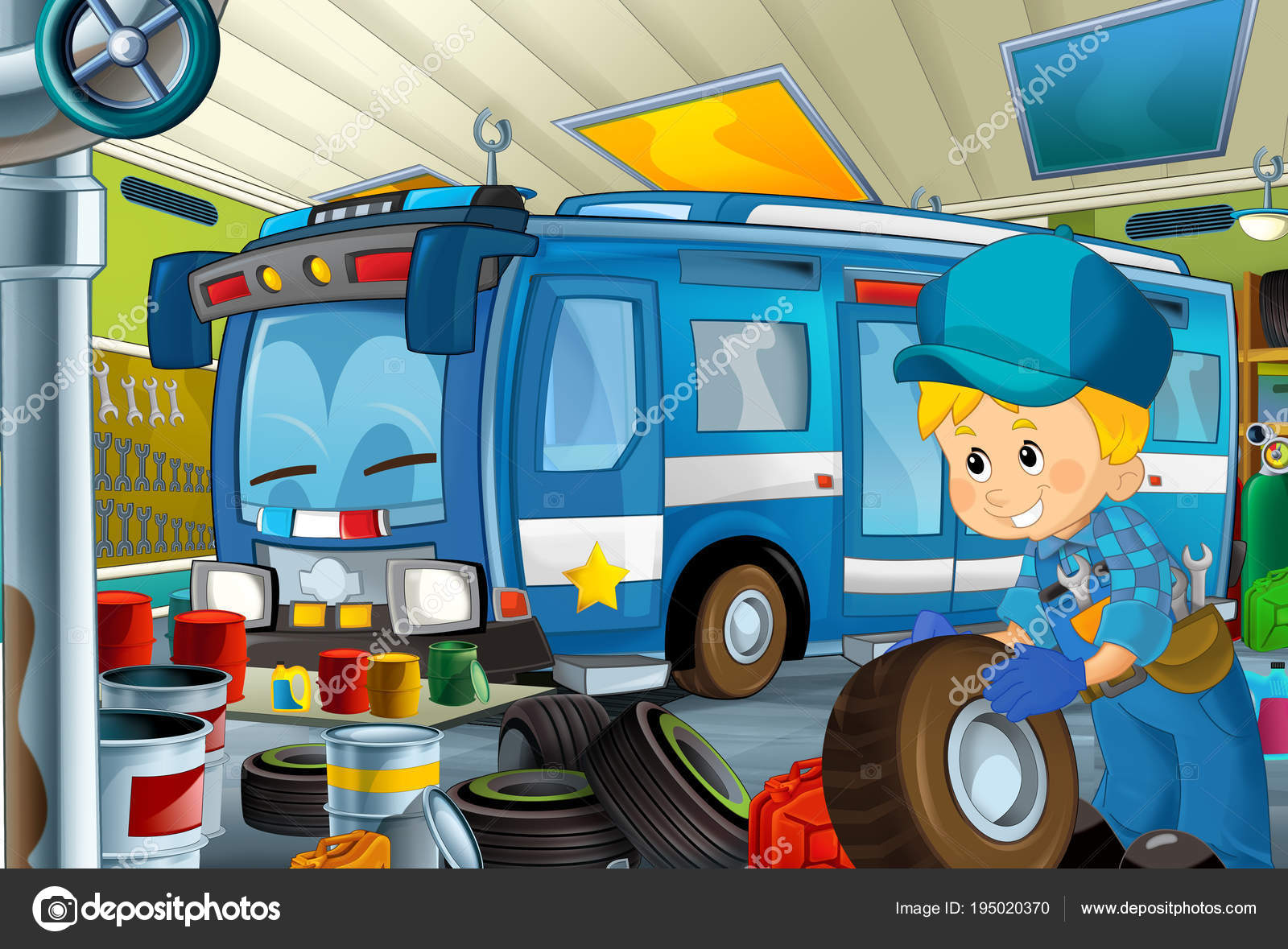 Cartoon Scene Garage Mechanic Working Repearing Some Vehicle Police Car ...