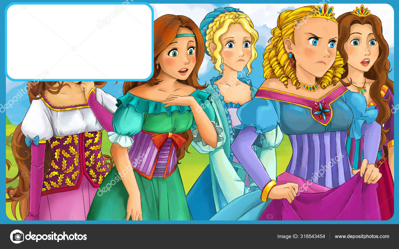 Cartoon scene with princess and some other girls with frame for text ...