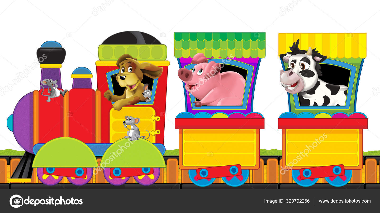 Cartoon steam train on tracks with farm animals on white background ...