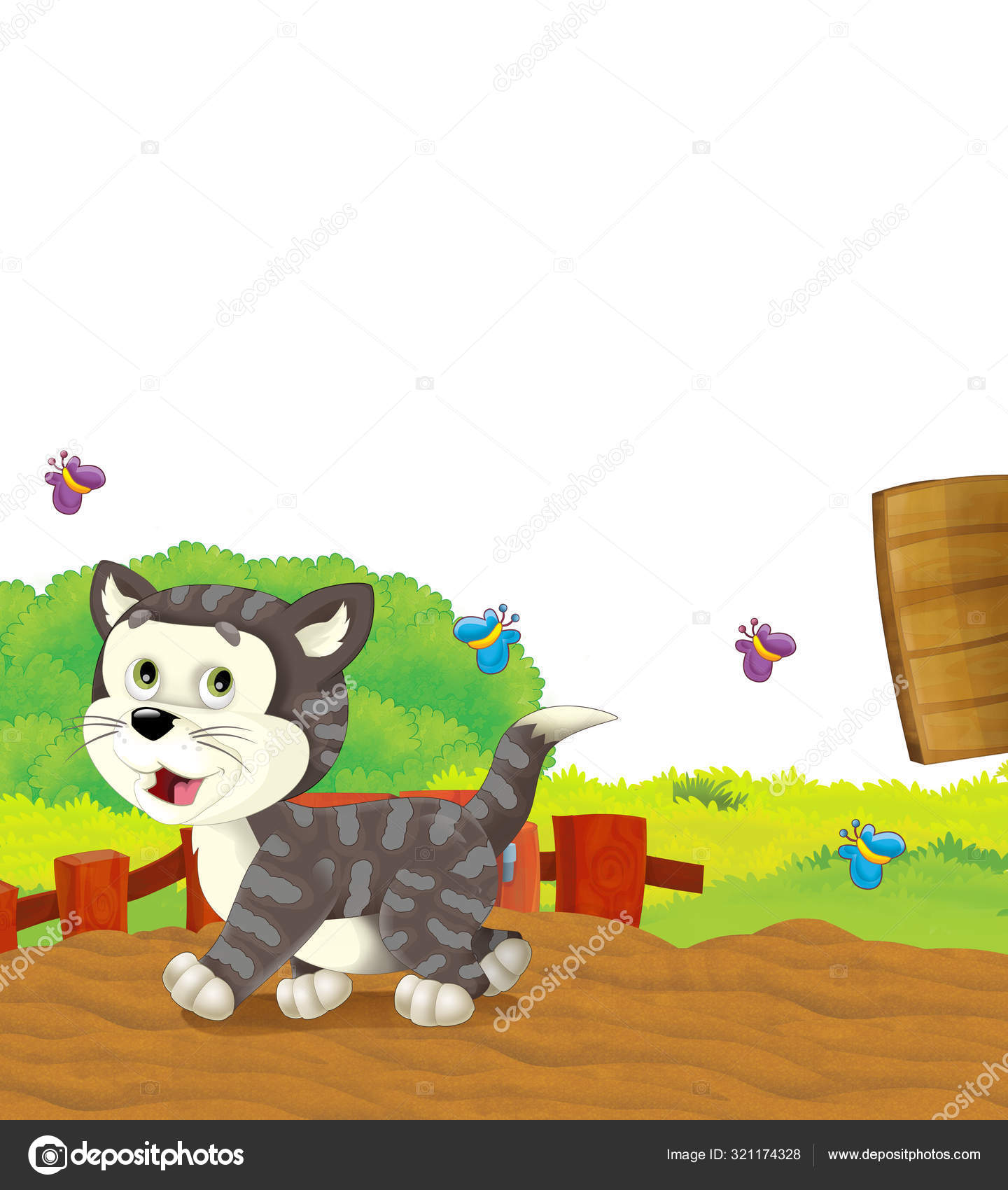 Cartoon scene with cat having fun on the farm on white background ...