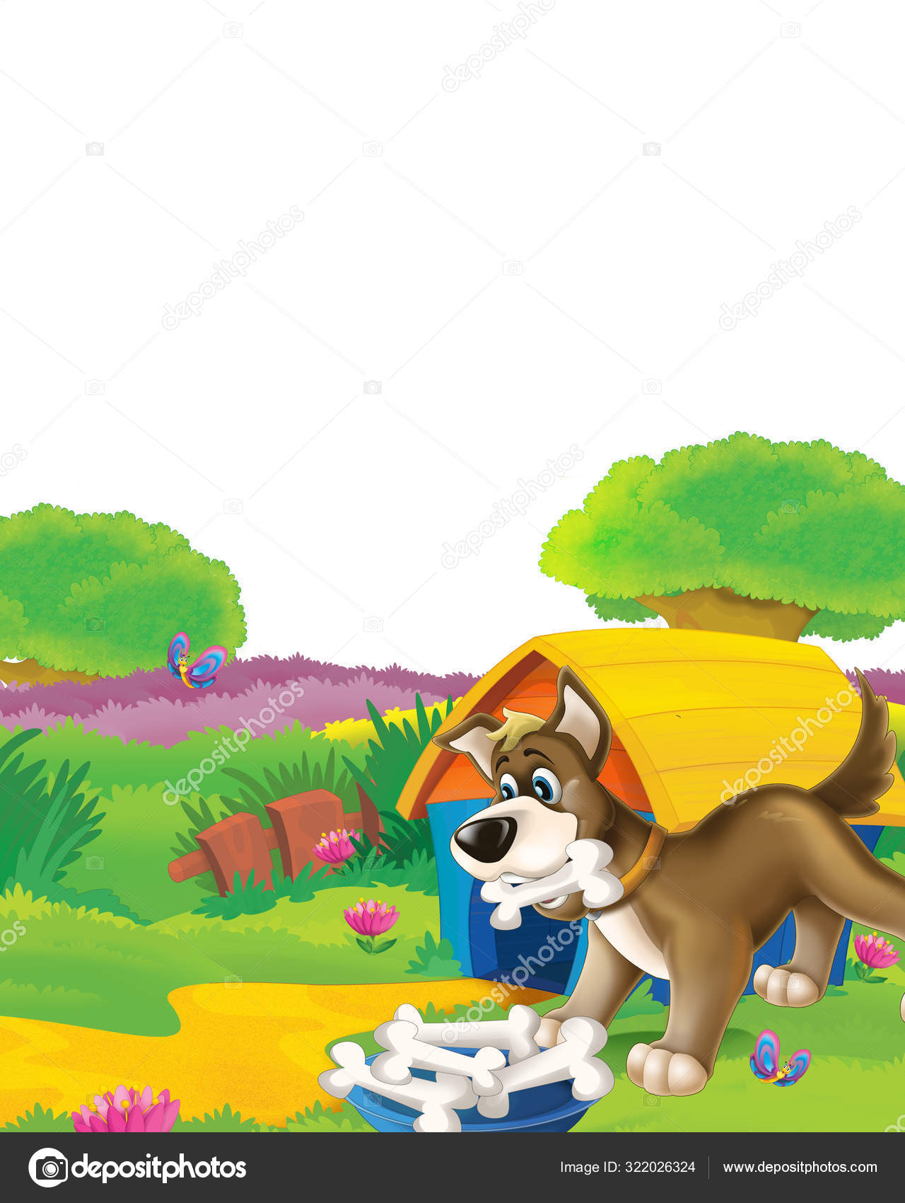 Cartoon scene with dog having fun on the farm on white background ...