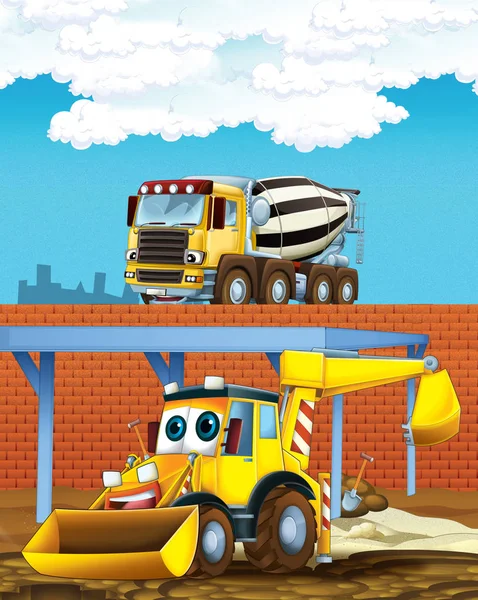 Cartoon scene with digger excavator and concrete mixer or loader on ...