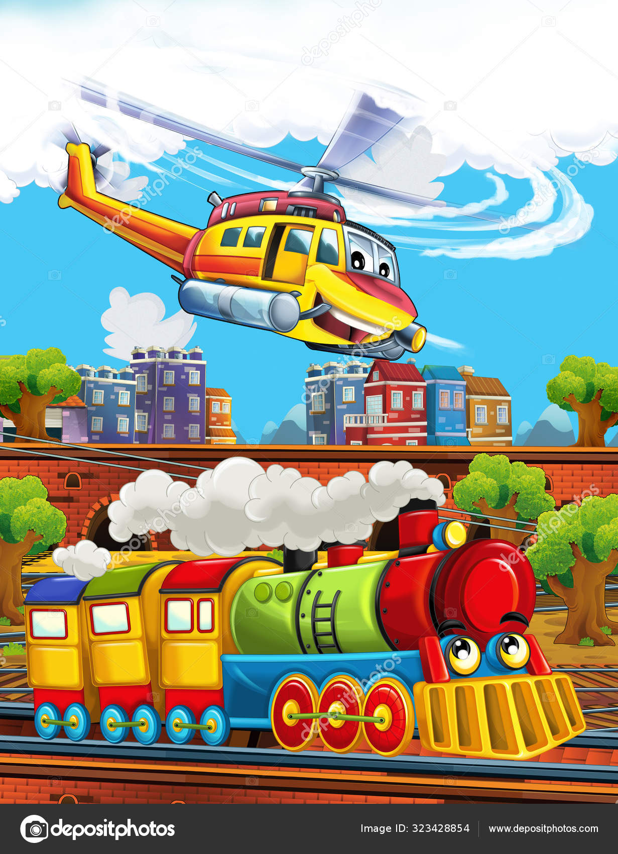 Cartoon funny looking steam train on the train station near the city ...