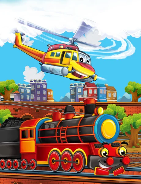 Cartoon Happy Funny Scene Middle City Flying Plane Train Locomotive ...