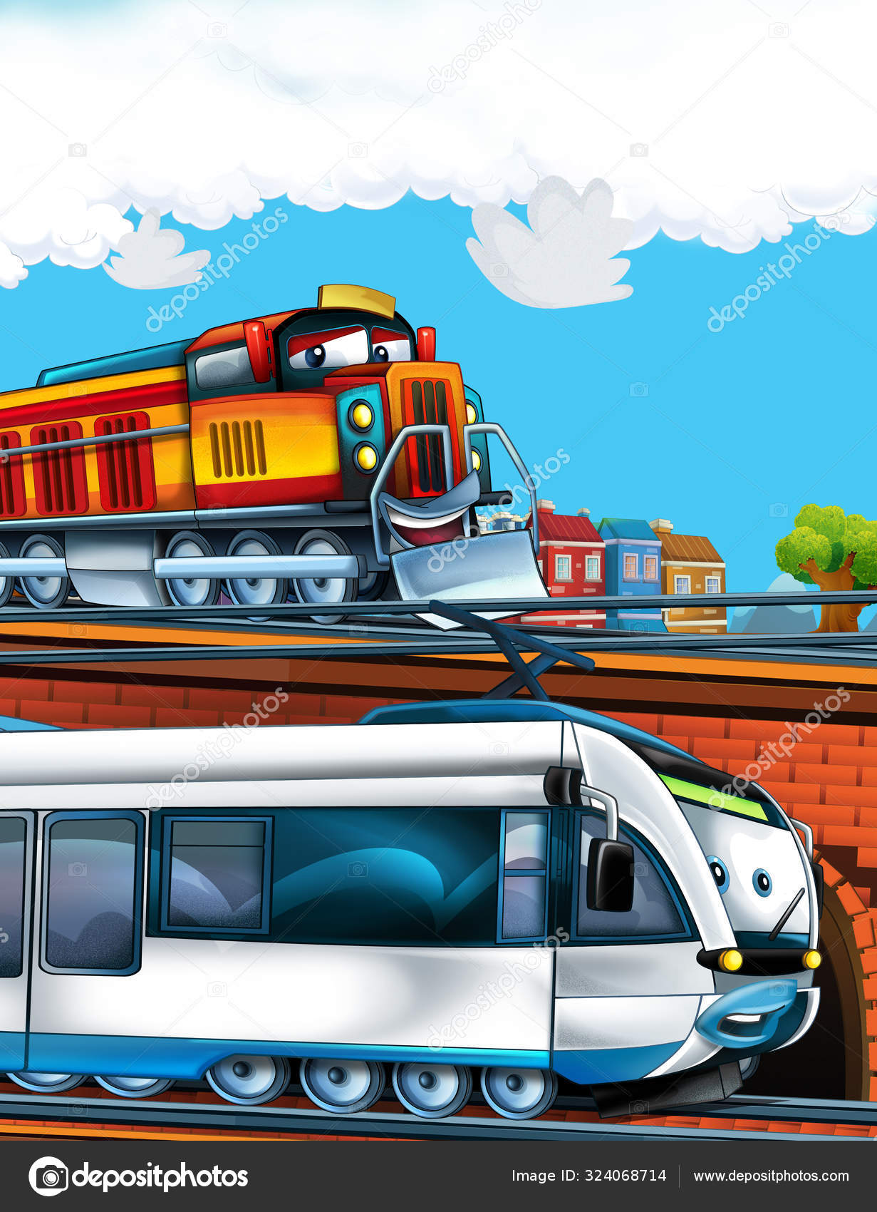 Cartoon funny looking train on the train station near the city ...