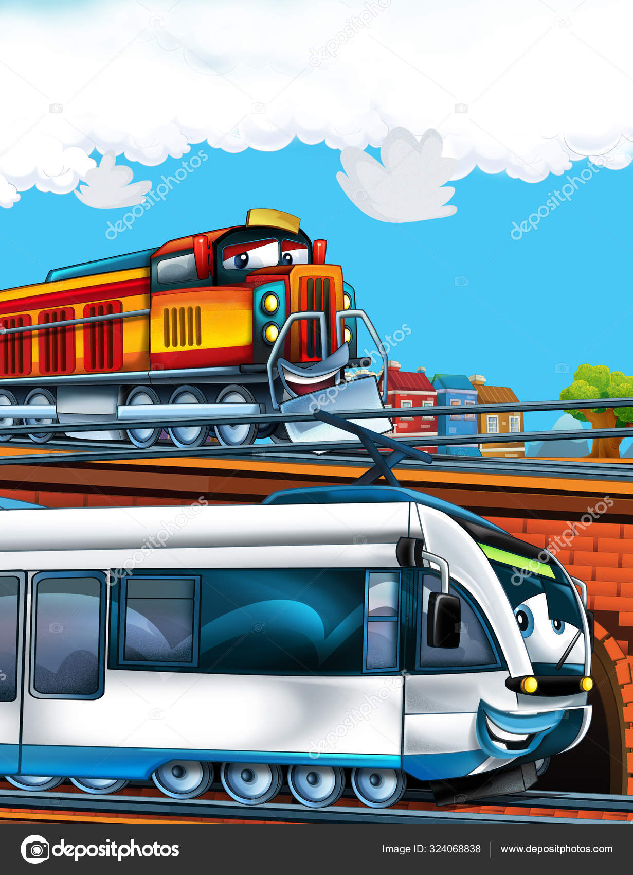 Cartoon funny looking train on the train station near the city ...