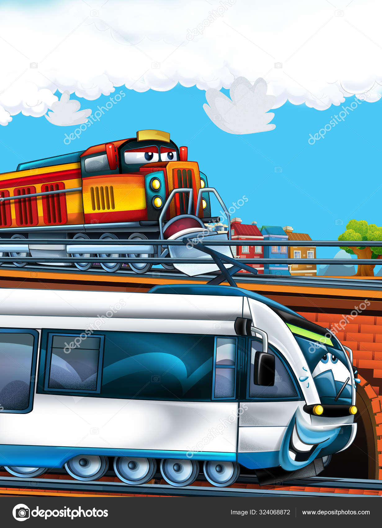 Cartoon funny looking train on the train station near the city ...