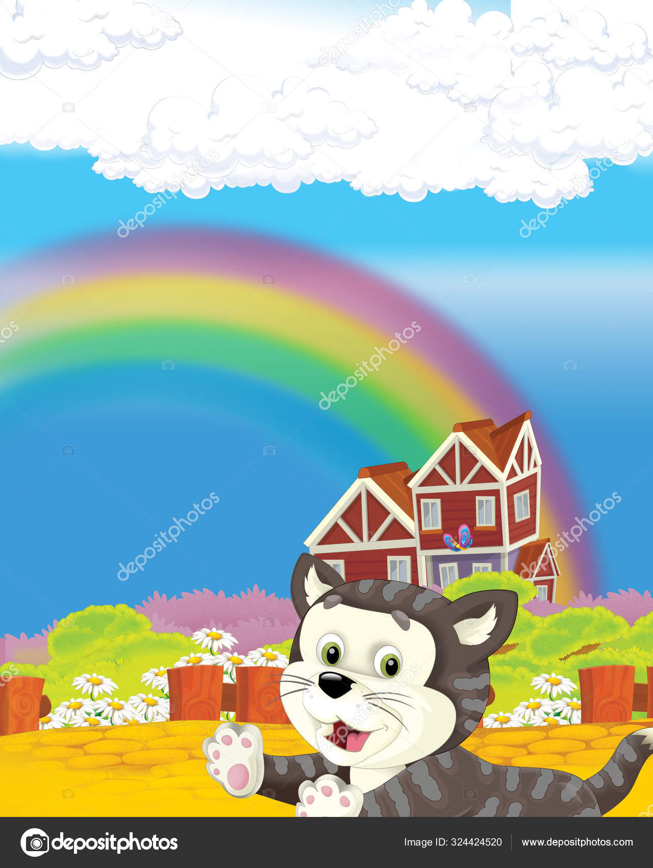Cartoon scene with cat having fun on the farm - illustration for ...