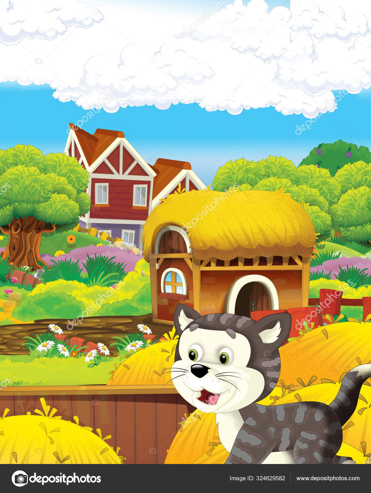 Cartoon scene with cheerful cat having fun on the farm - illustration ...