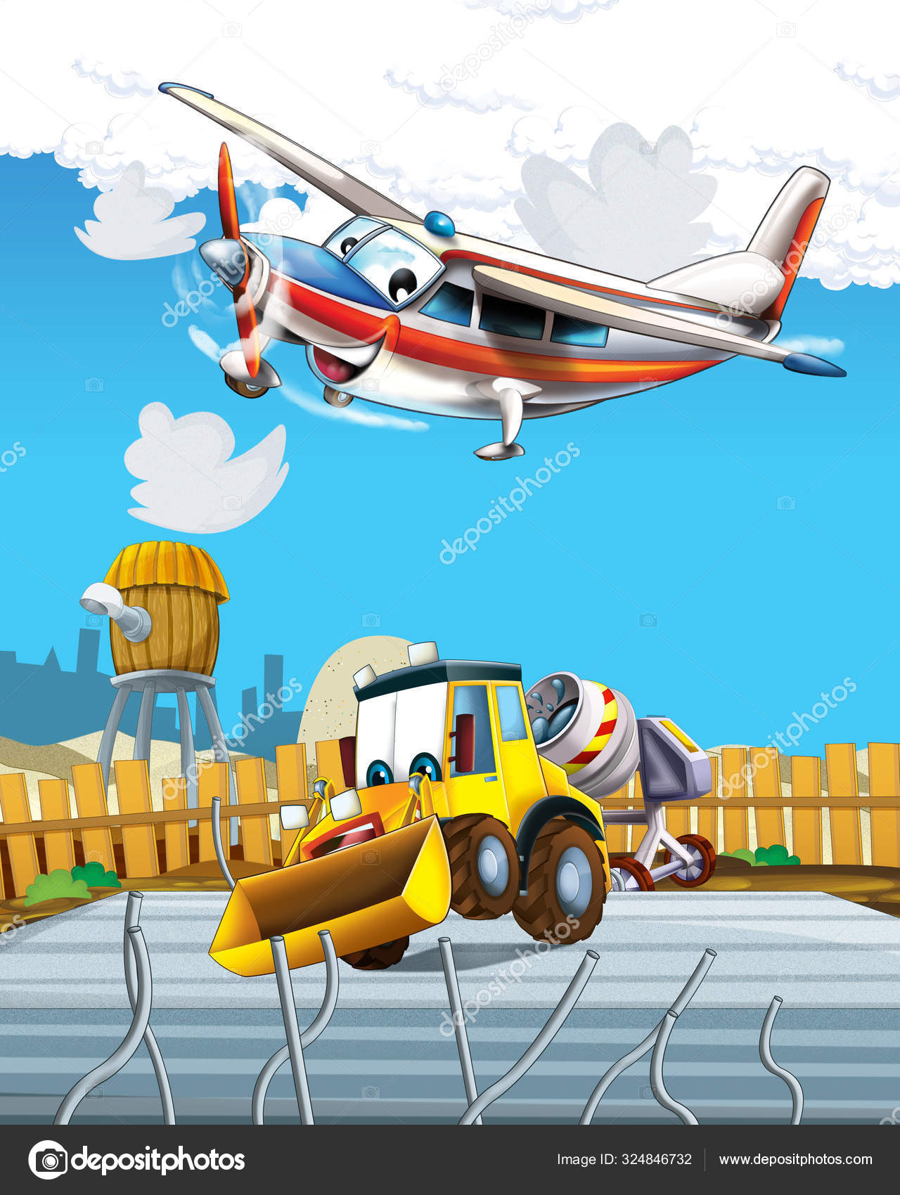 Cartoon scene with digger excavator on construction site and flying ...