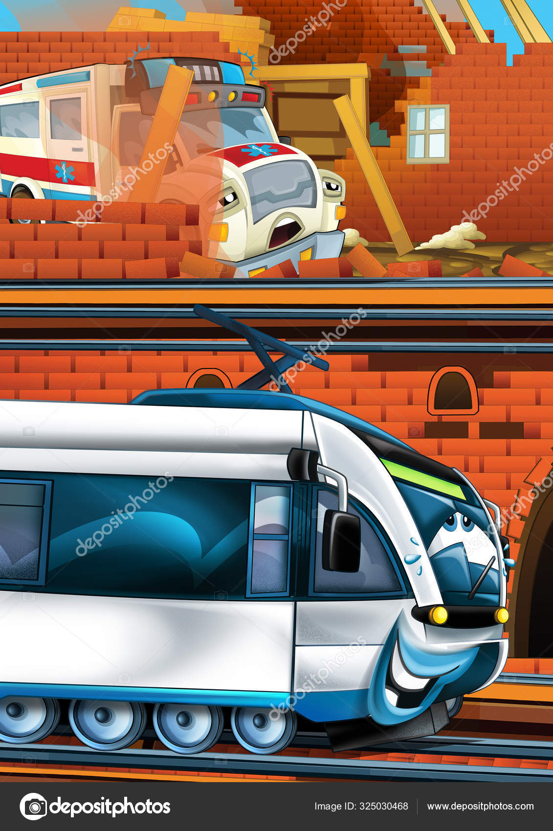 Cartoon funny looking train on the train station near the city and ...