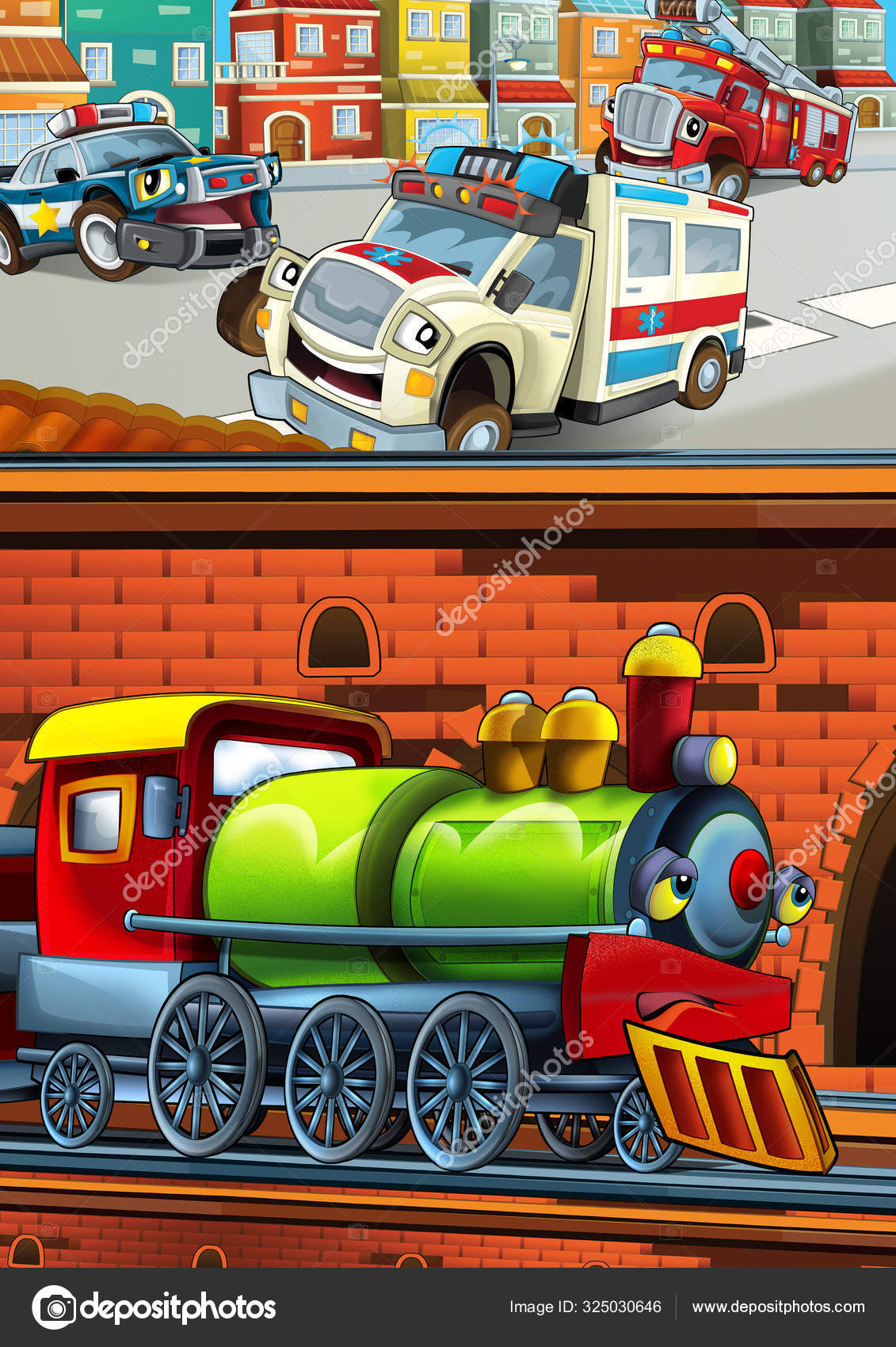 Cartoon funny looking train on the train station near the city and ...