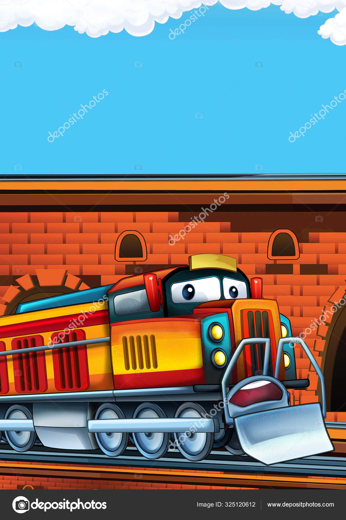 Cartoon funny looking train on the train station near the city with ...
