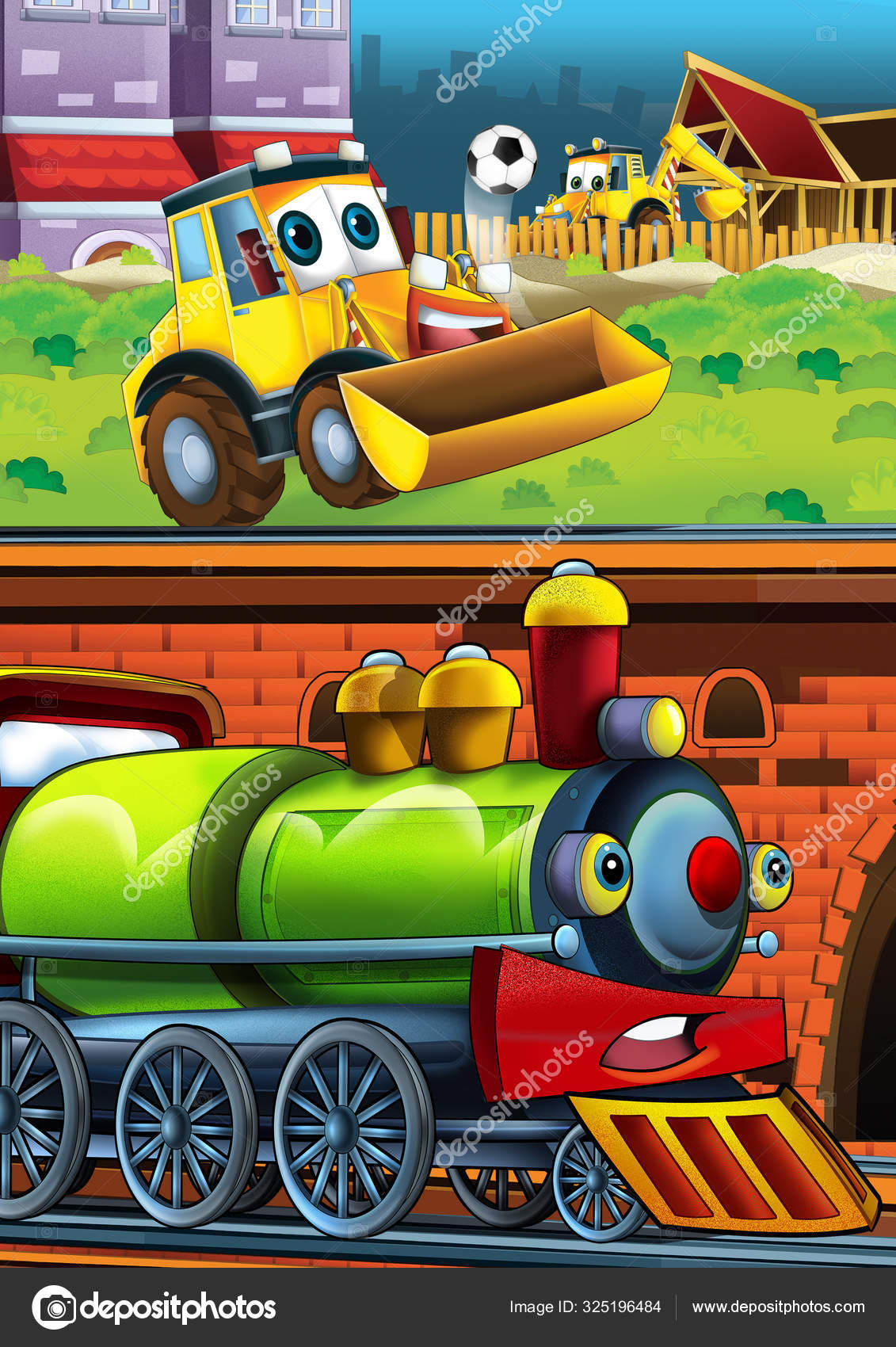 Cartoon funny looking train on the train station near the city and ...