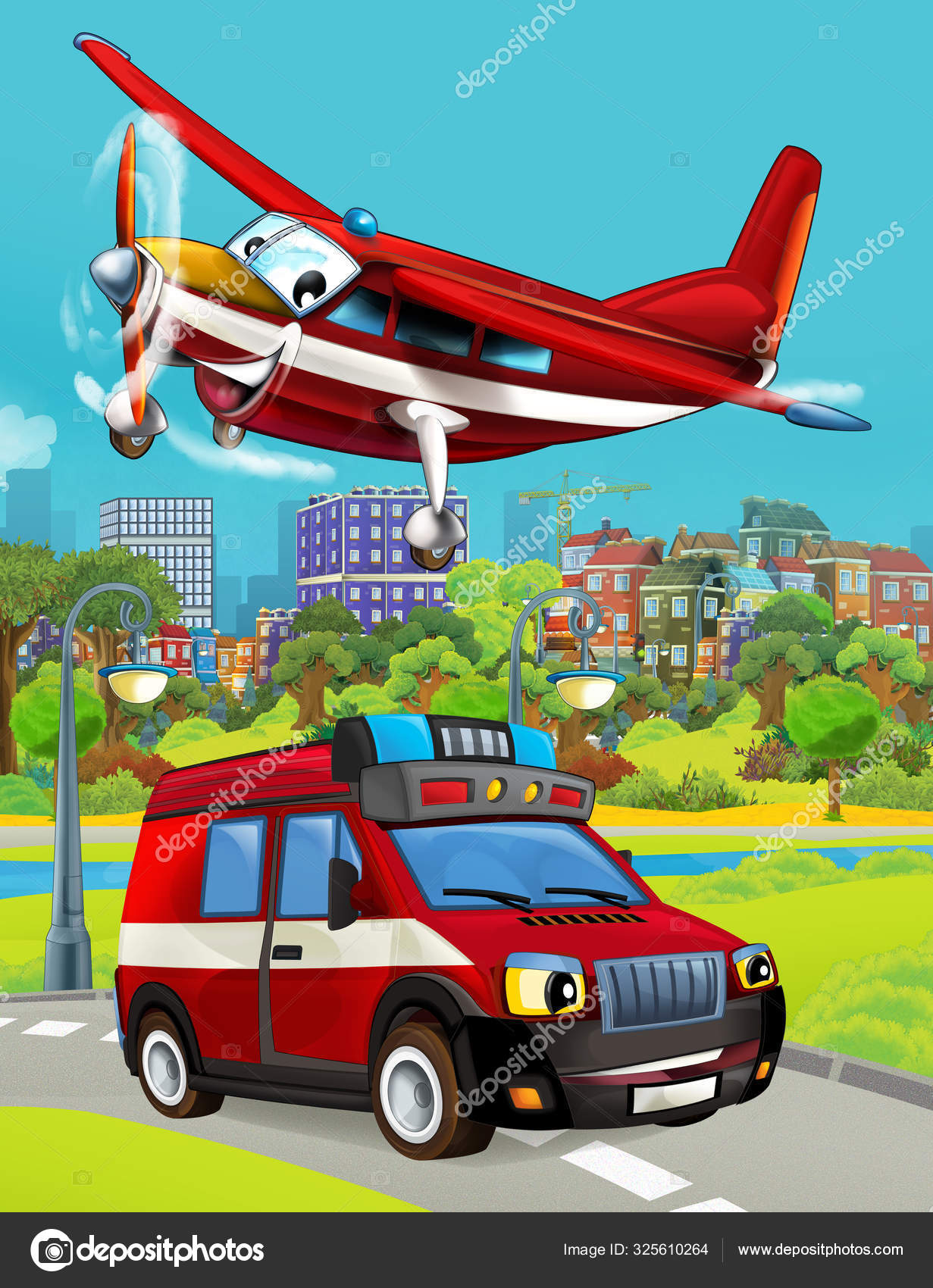 Cartoon scene with fireman vehicle on the road driving through the city ...