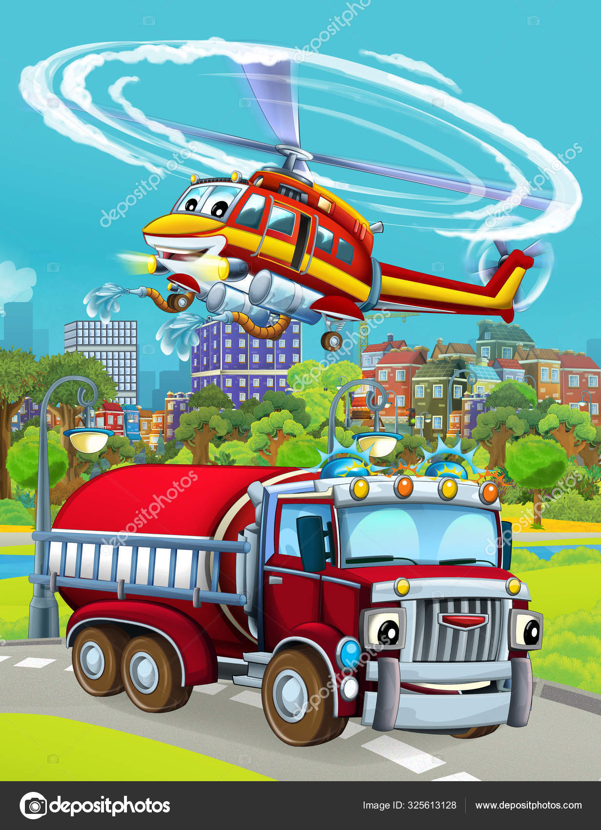 Cartoon scene with fireman vehicle on the road driving through the city ...