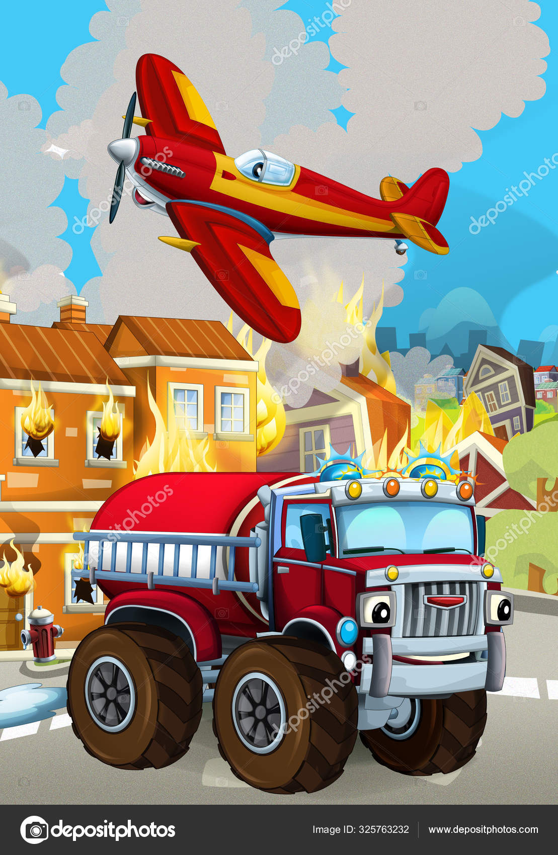 Cartoon scene with fireman car vehicle near burning building ...