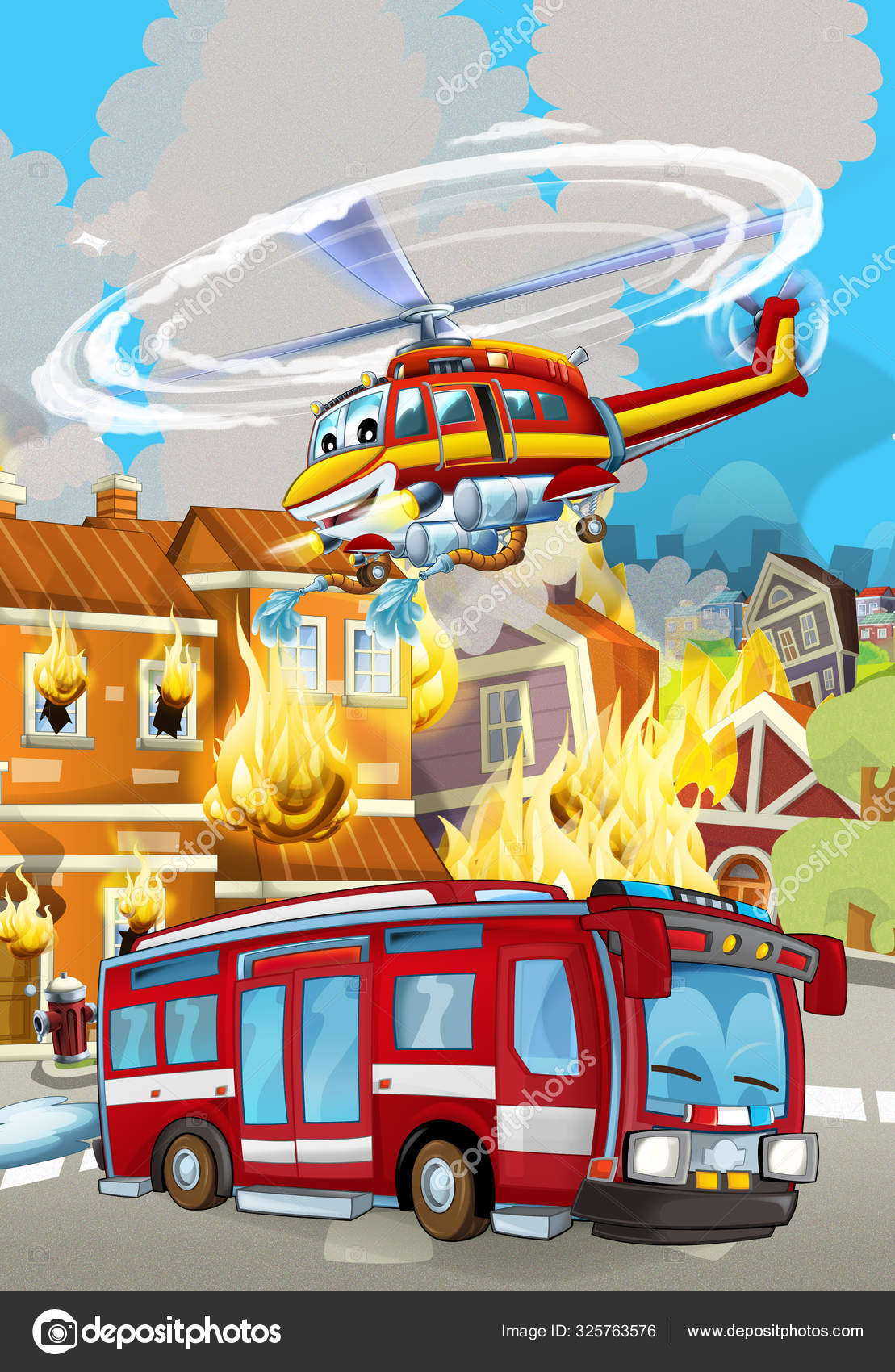 Cartoon scene with fireman car vehicle near burning building ...