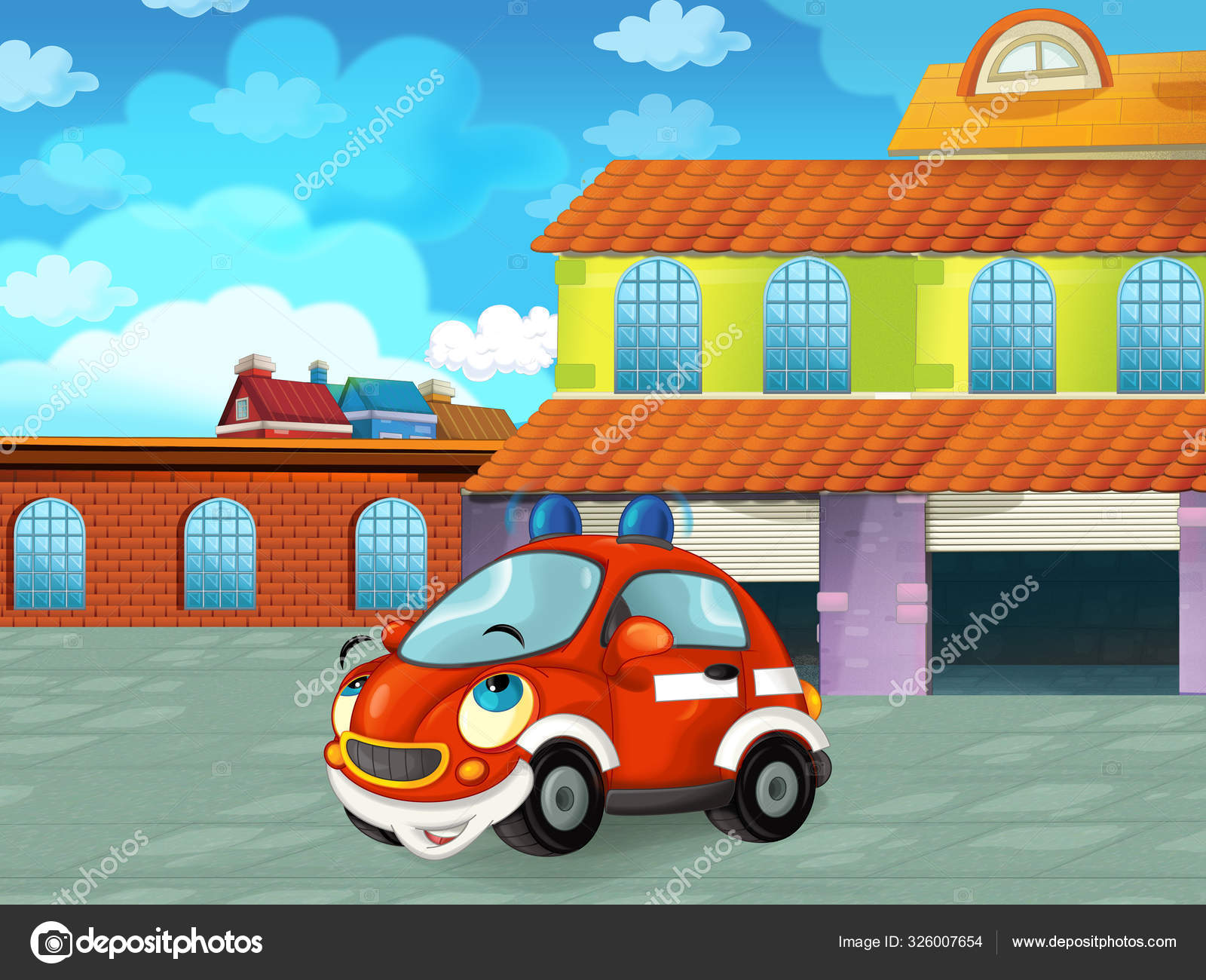 Cartoon fireman car driving through the city or parking near the garage ...
