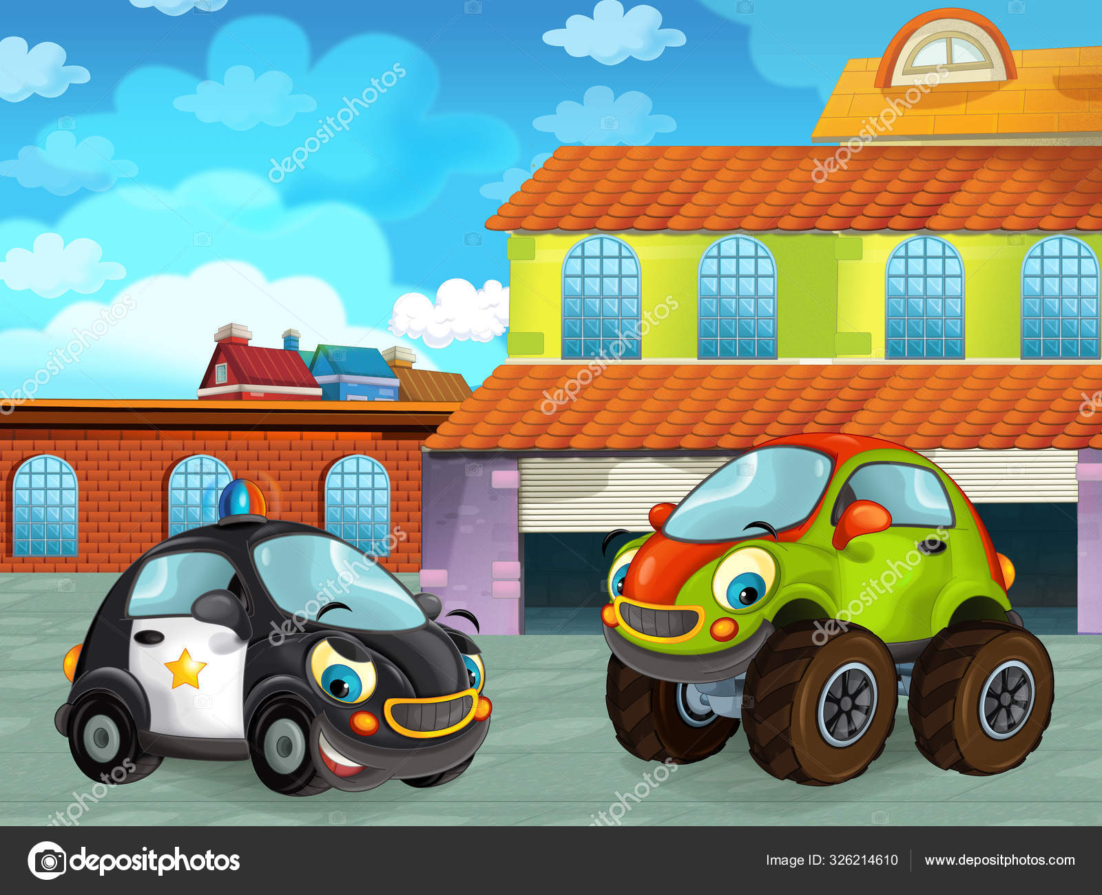 Cartoon scene with car vehicle on the road near the garage or repair ...