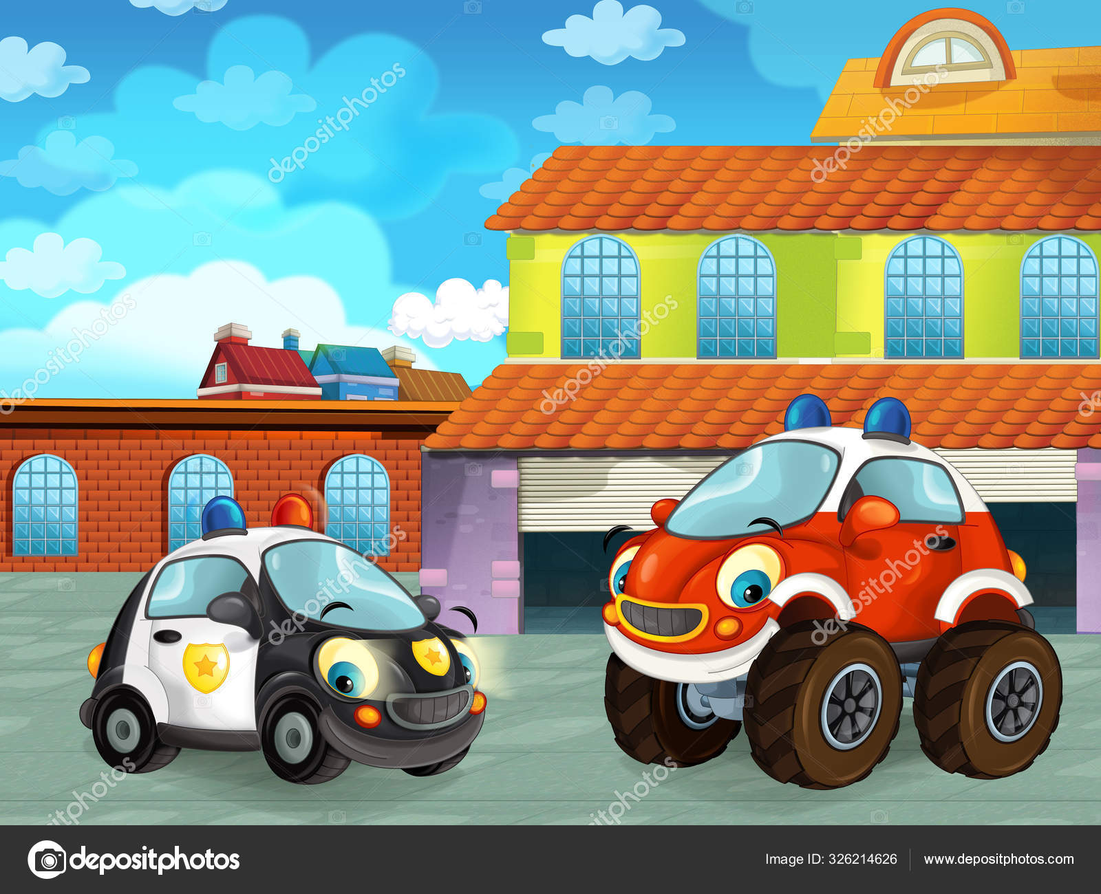 Cartoon scene with car vehicle on the road near the garage or repair ...