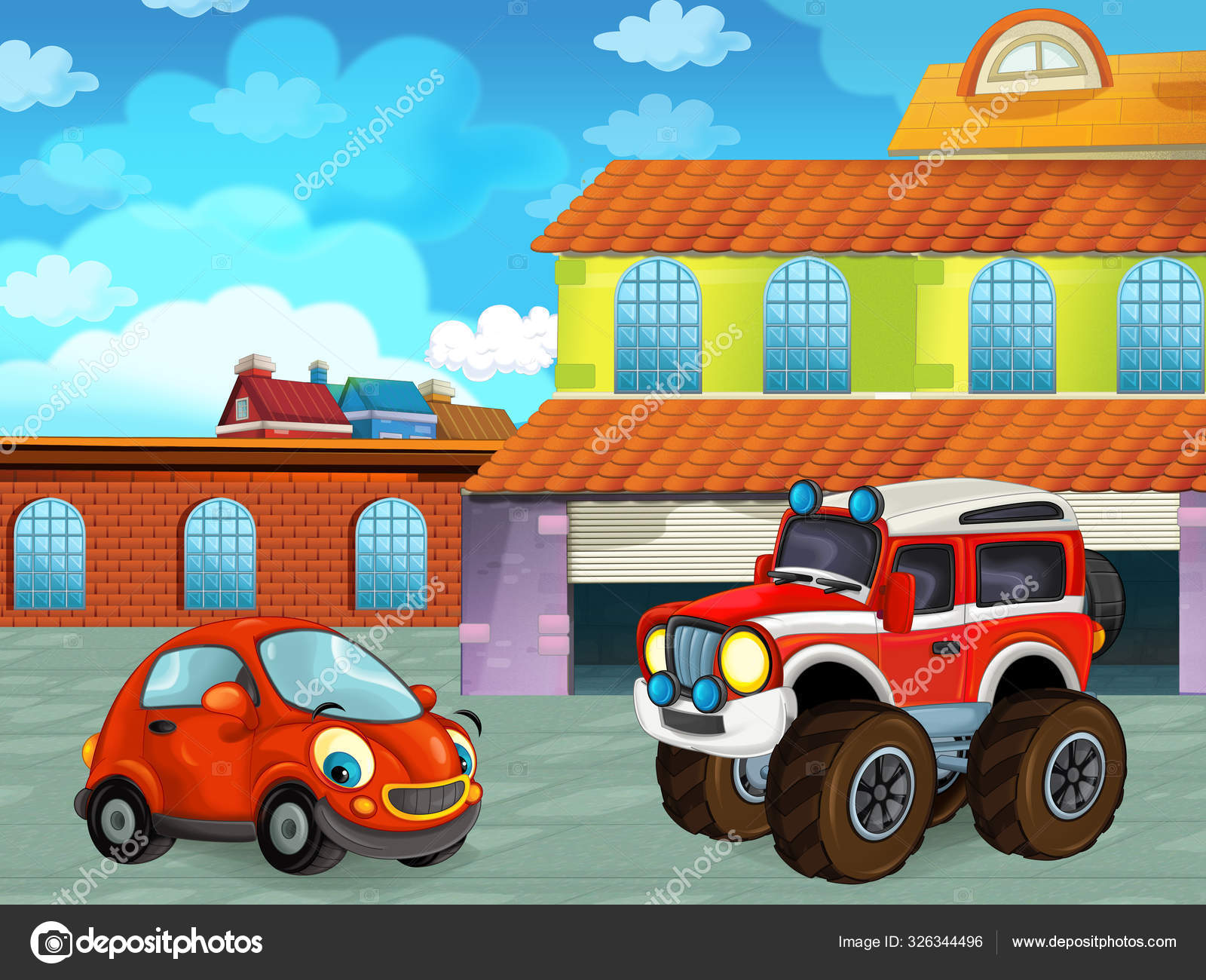 Cartoon scene with car vehicle on the road near the garage or repair ...