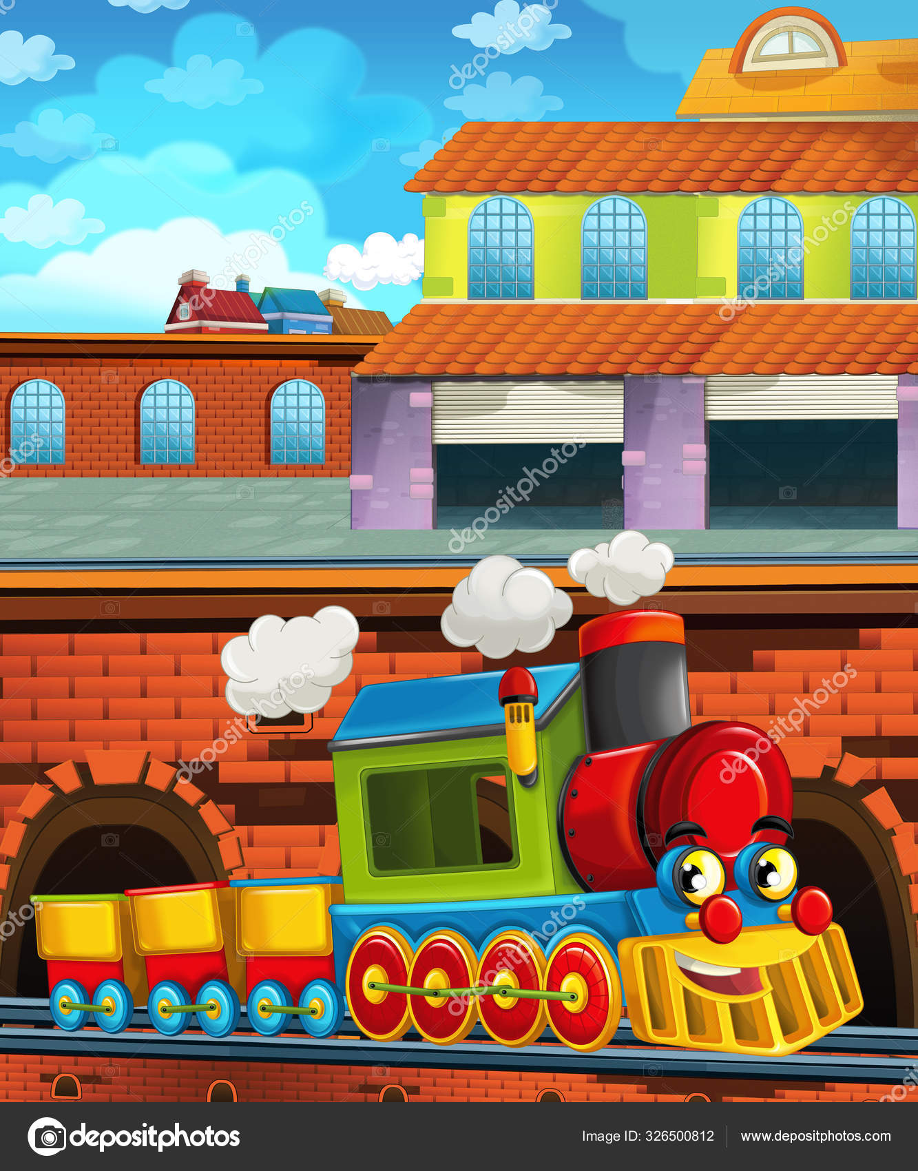 Treinstation Cartoon Cartoon Grappig Ogende Trein Op Het Treinstation