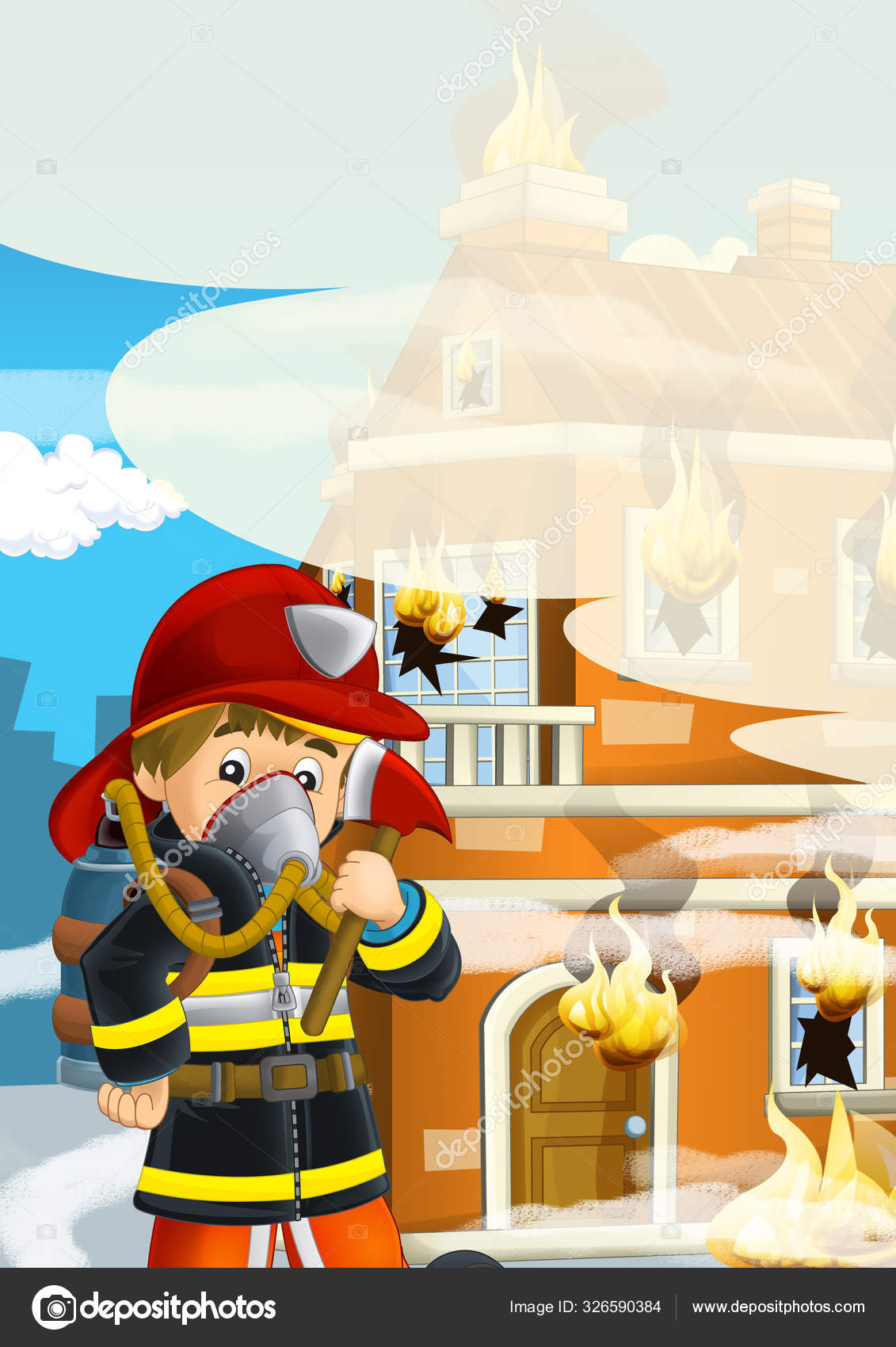 Cartoon stage with fireman fire fighting near some building smoking ...