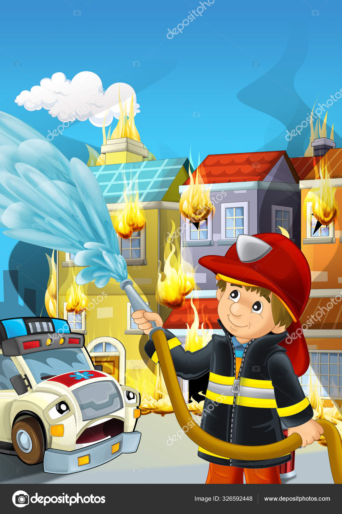 Cartoon scene with fireman working near some ambulance and building is ...