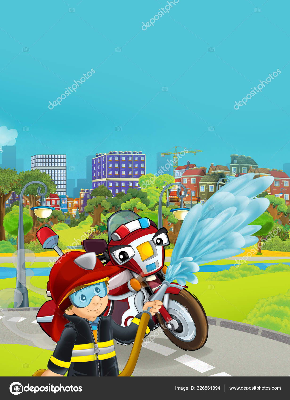 Cartoon scene with fireman vehicle on the road - illustration fo Stock ...