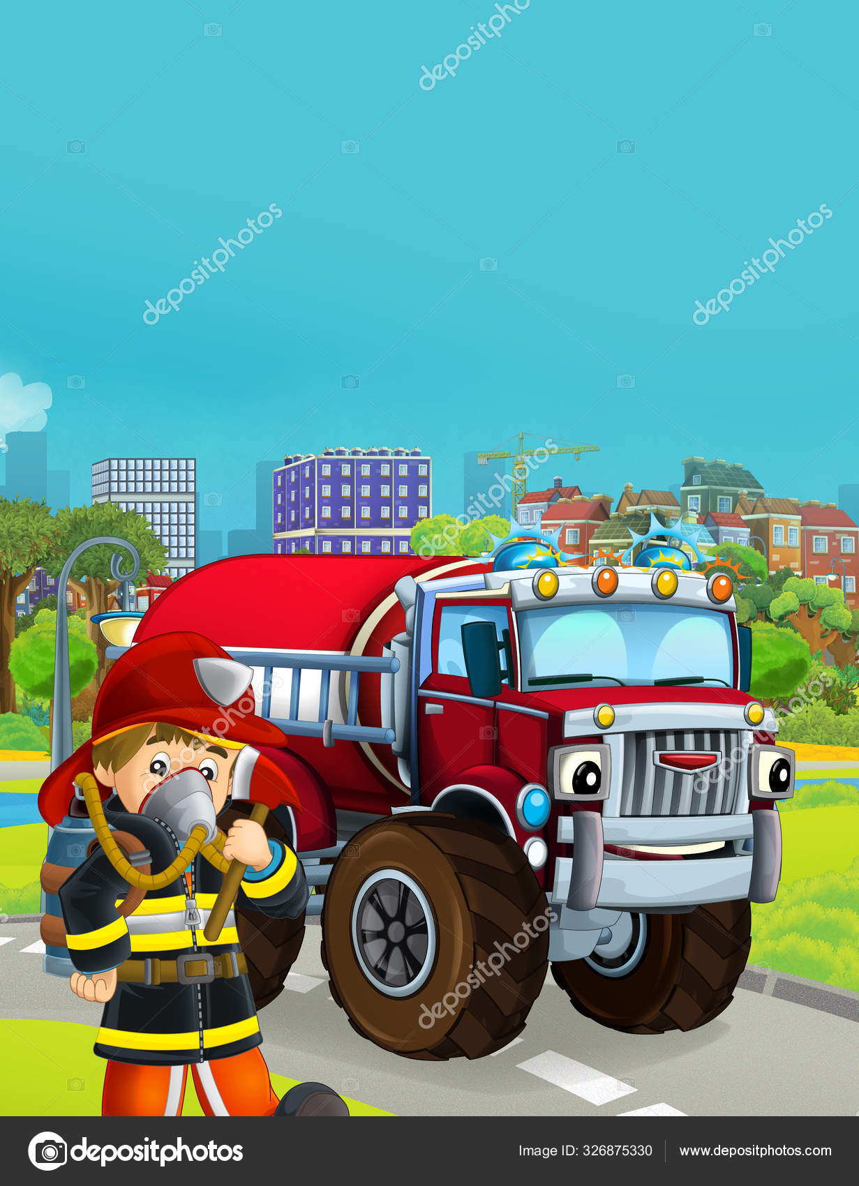 Cartoon scene with fireman vehicle on the road - illustration fo Stock ...