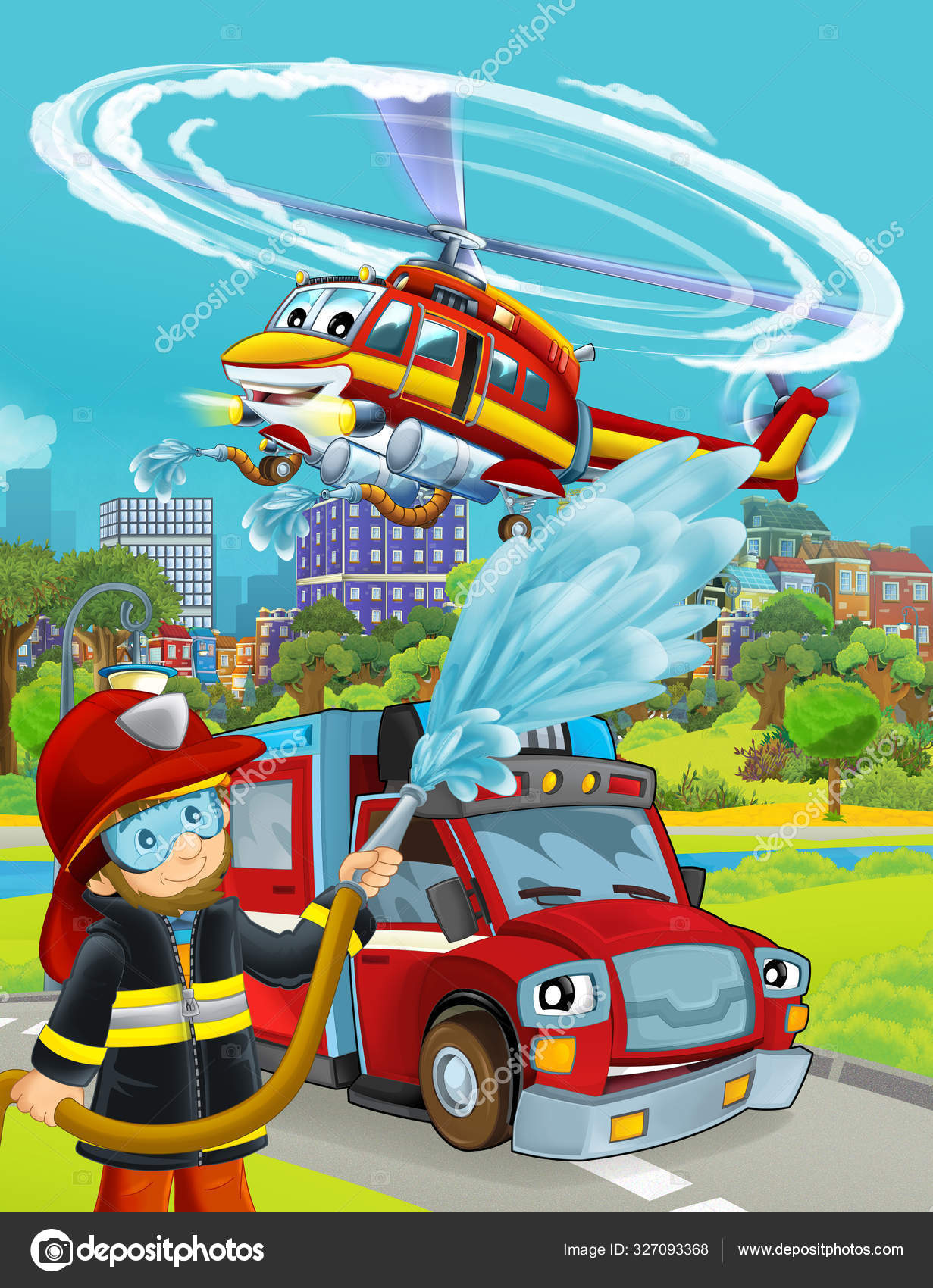 Cartoon scene with fire brigade car vehicle on the road and fireman ...