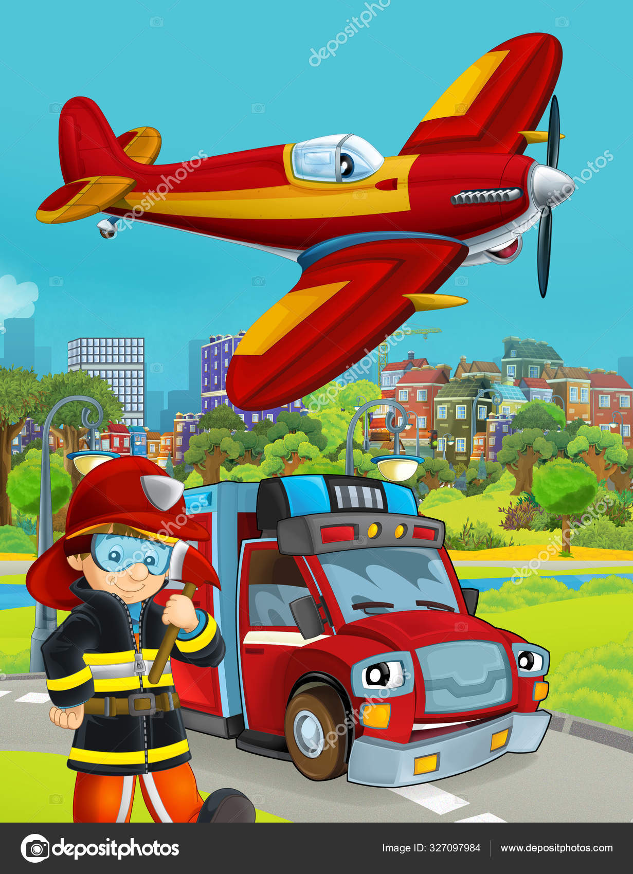 Cartoon scene with fire brigade car vehicle on the road and fireman ...