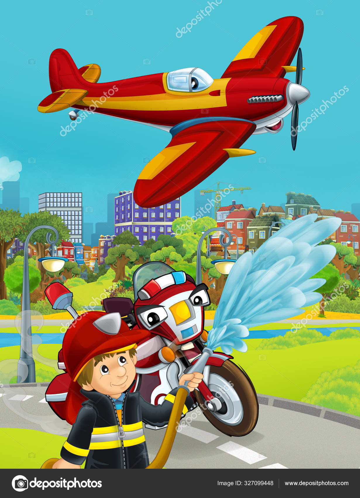 Cartoon scene with fire brigade car vehicle on the road and fireman ...