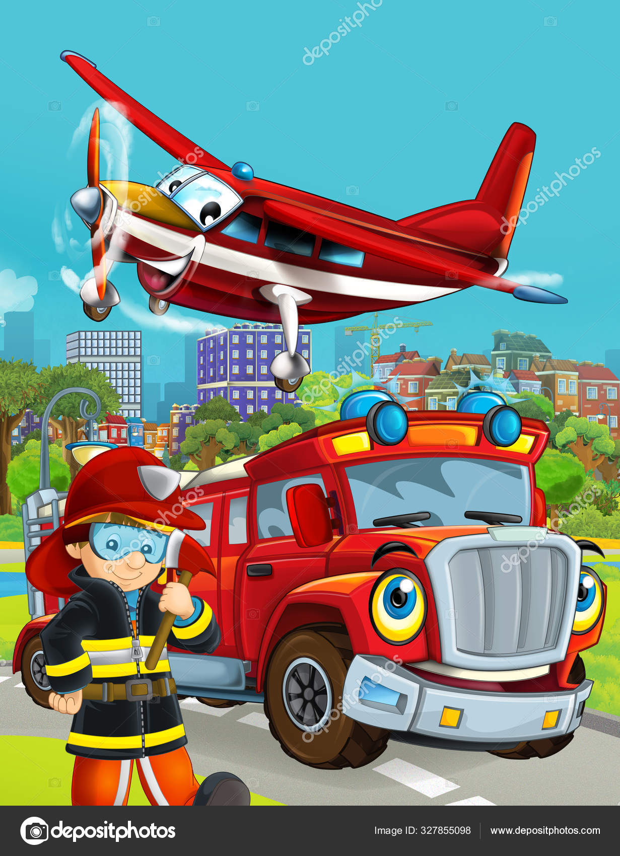 Cartoon scene with fireman vehicle on the road driving through the city ...