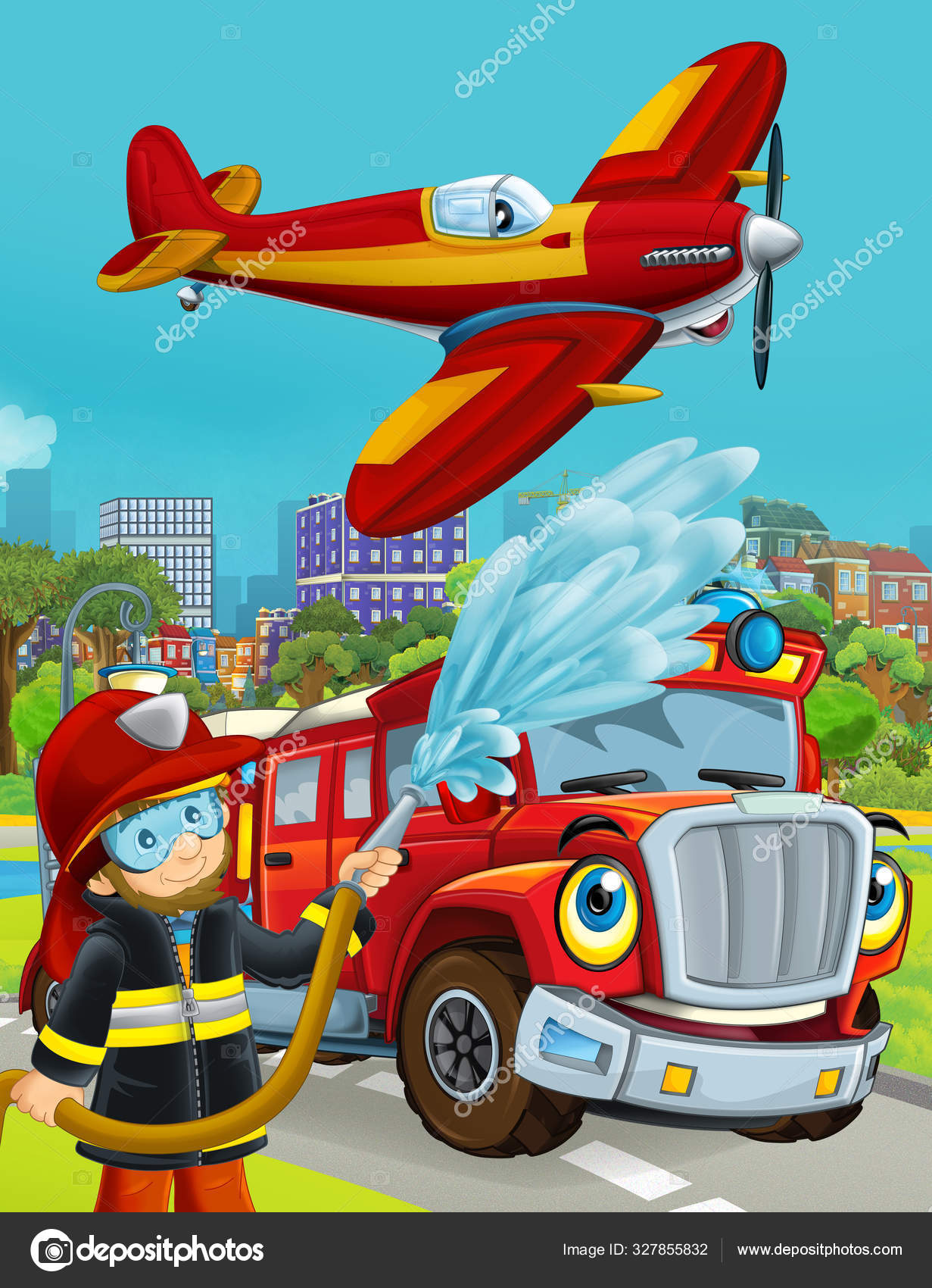 Cartoon scene with fireman vehicle on the road driving through the city ...