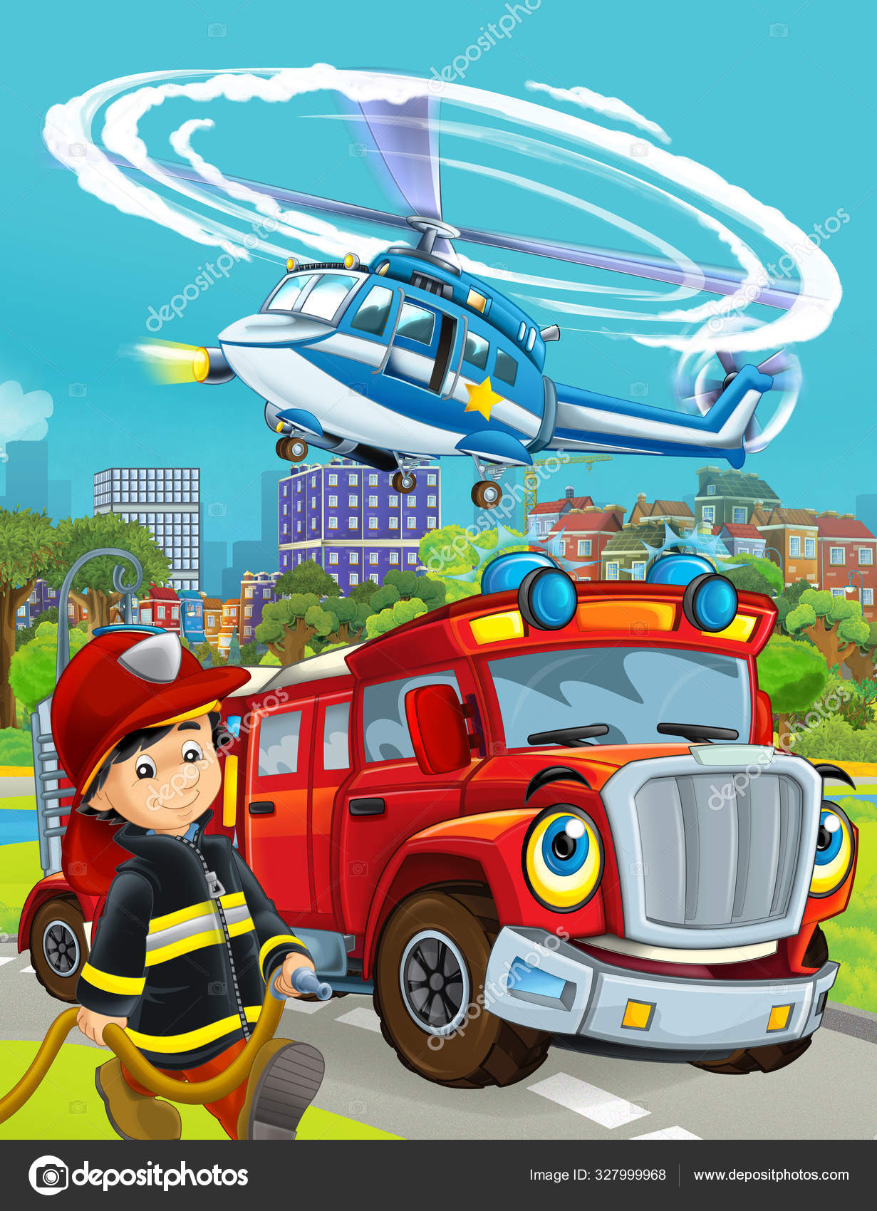 Cartoon scene with fireman vehicle on the road driving through t Stock ...