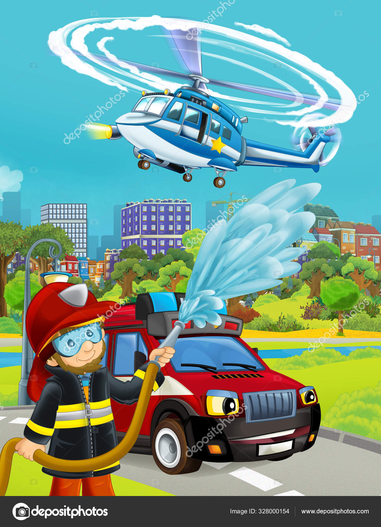 Cartoon scene with fireman vehicle on the road - illustration fo Stock ...