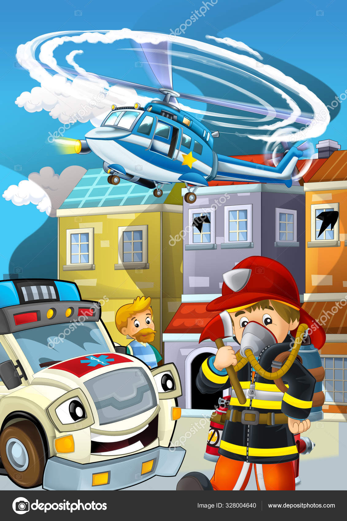 Cartoon stage with fireman fire fighting near some building smok Stock ...