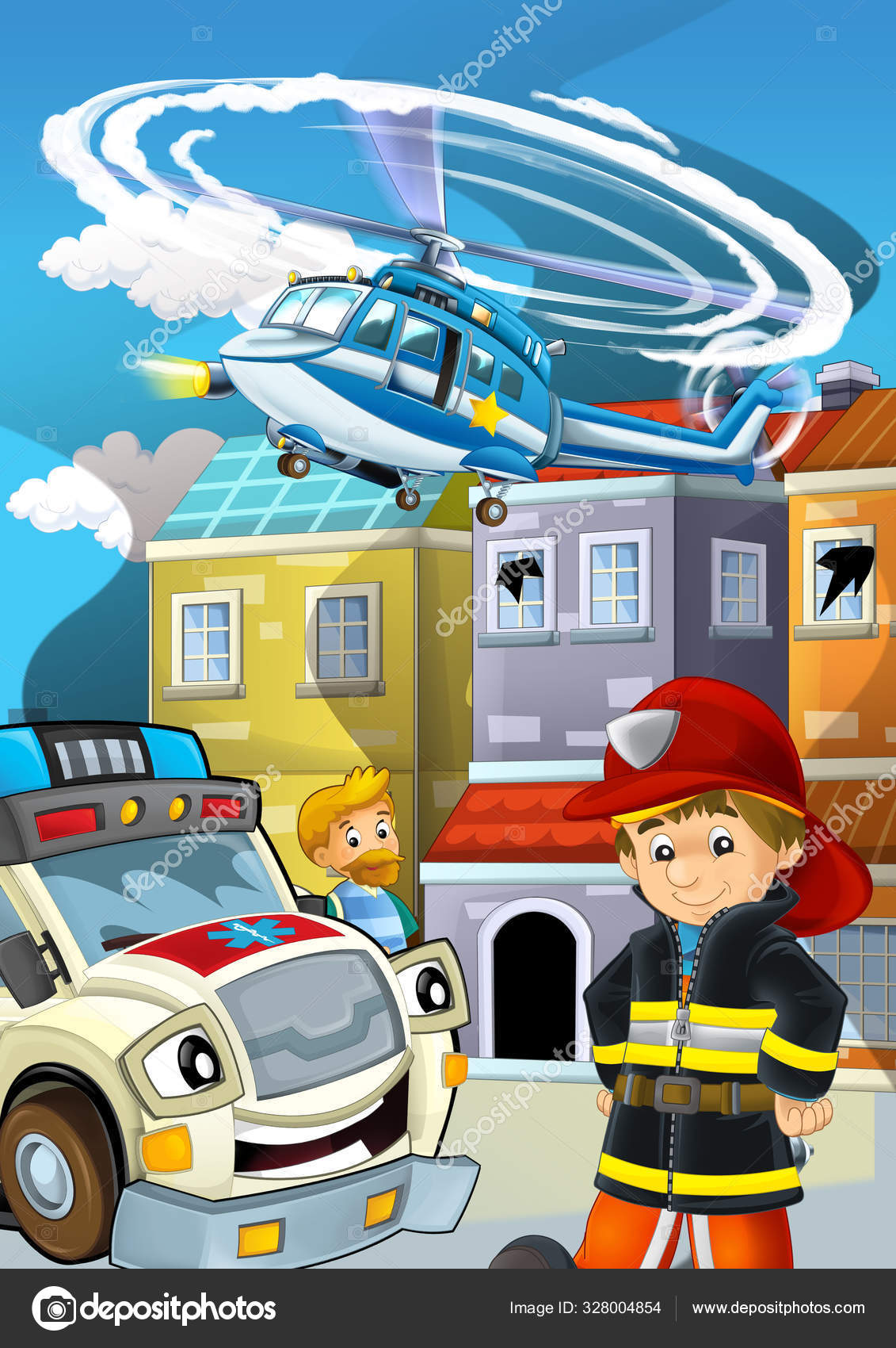 Cartoon stage with fireman fire fighting near some building smok Stock ...