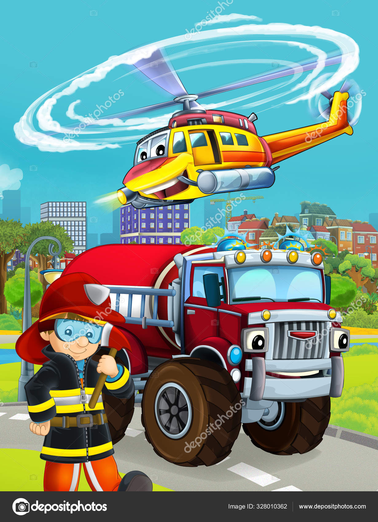 Cartoon scene with fireman vehicle on the road - illustration fo Stock ...