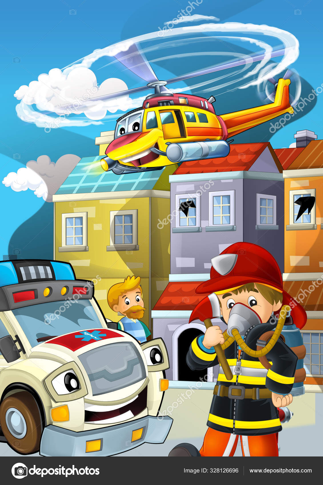 Cartoon stage with fireman fire fighting near some building smok Stock ...
