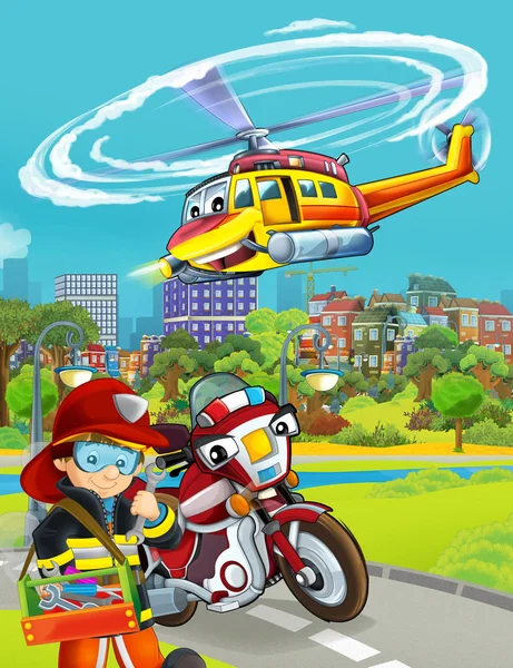 Cartoon scene with fire brigade car vehicle on the road and fireman ...