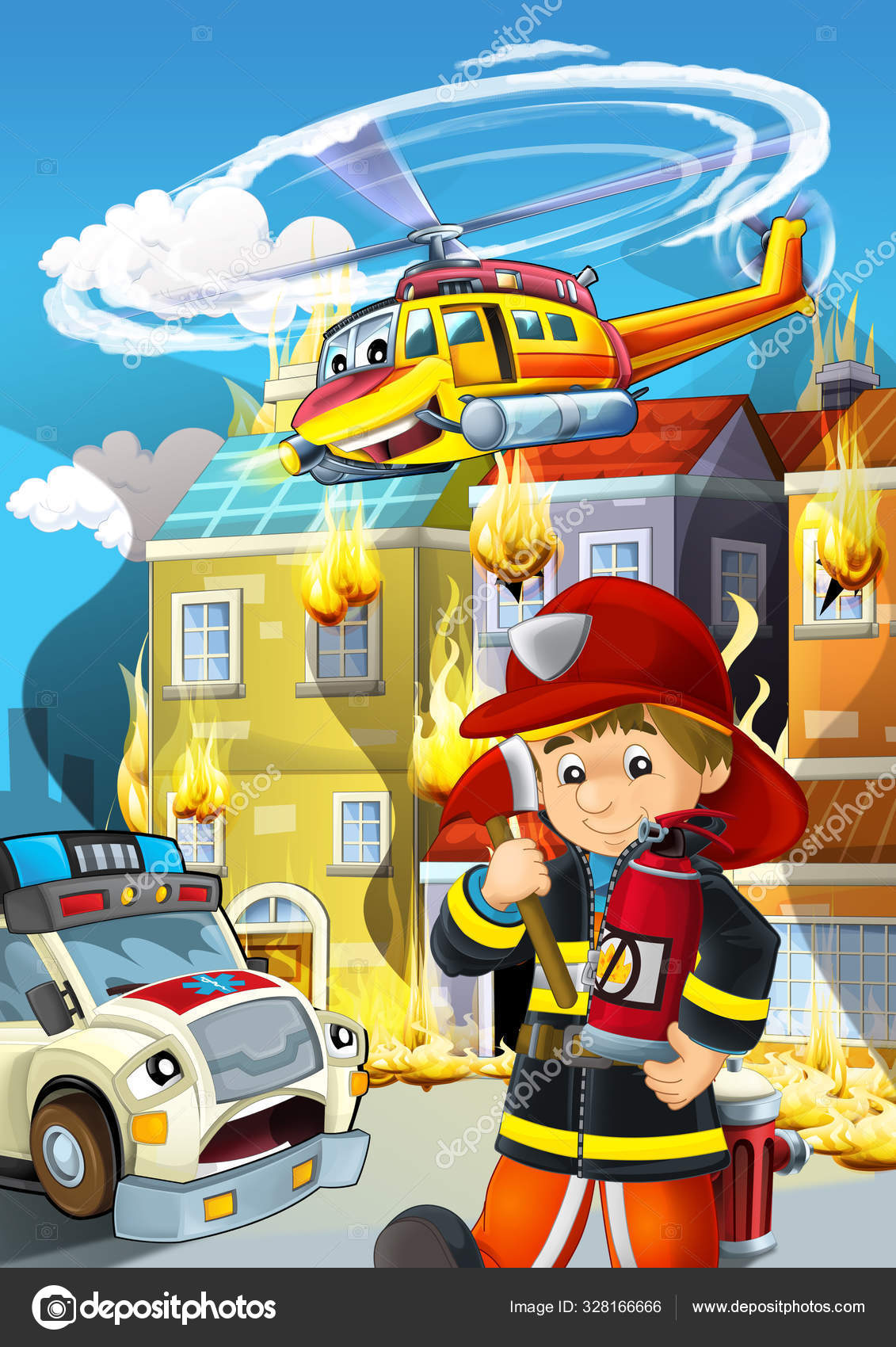 Cartoon scene with fireman working near some ambulance and build Stock ...